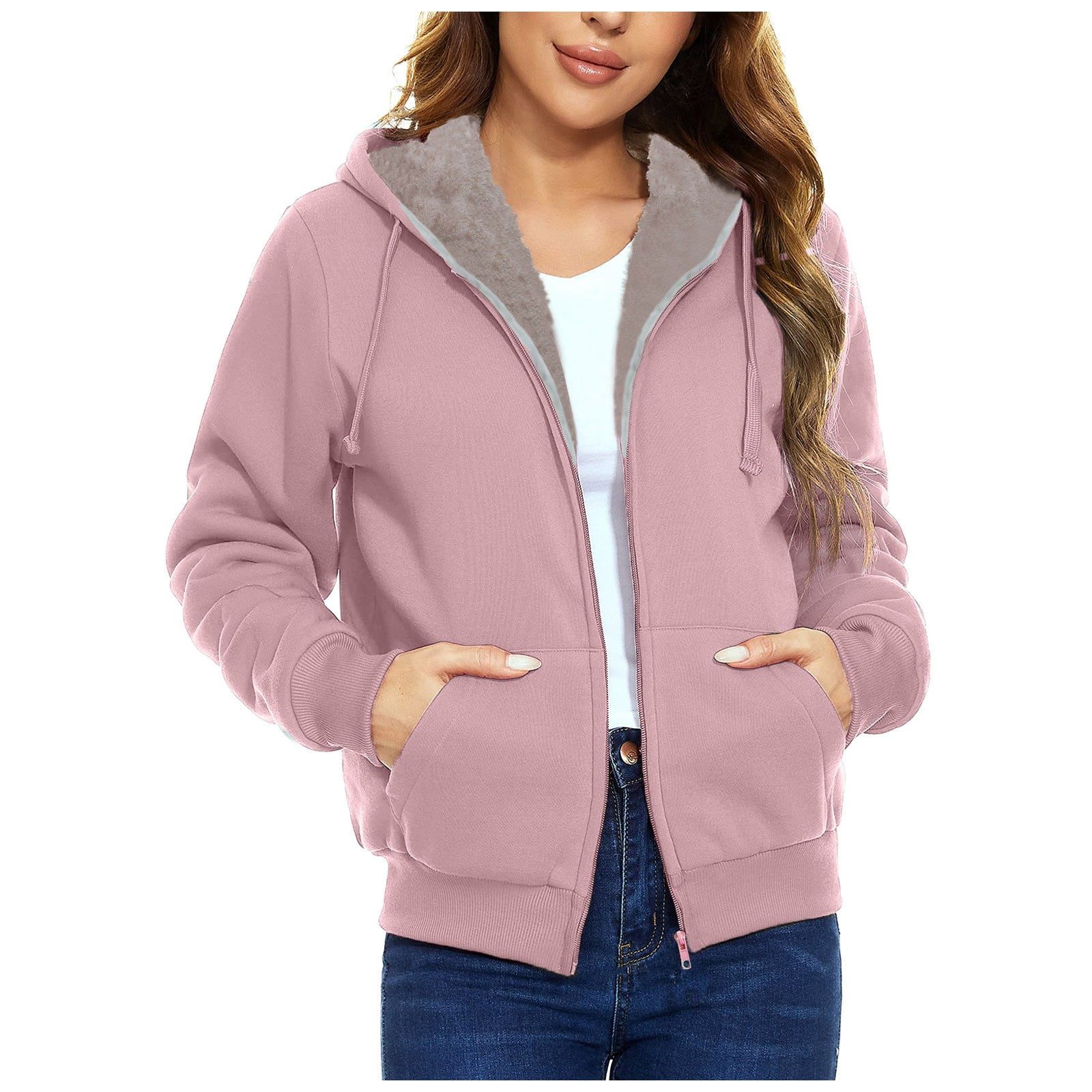 Women's Sherpa-Lined Fleece Full-Zip Hooded Jacket Long Sleeved Winter ...