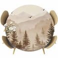 Foggy Mountain Forest Tree Bird Round Fitted Tablecloth with Elastic ...