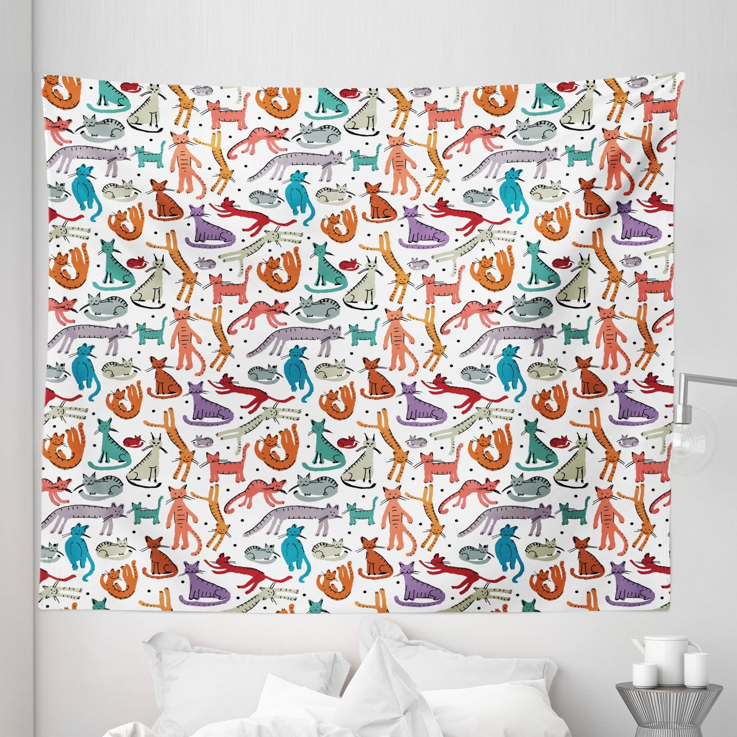 Cats Tapestry, Cheerful Sketch Art of Kittens in Pastel Colors and ...