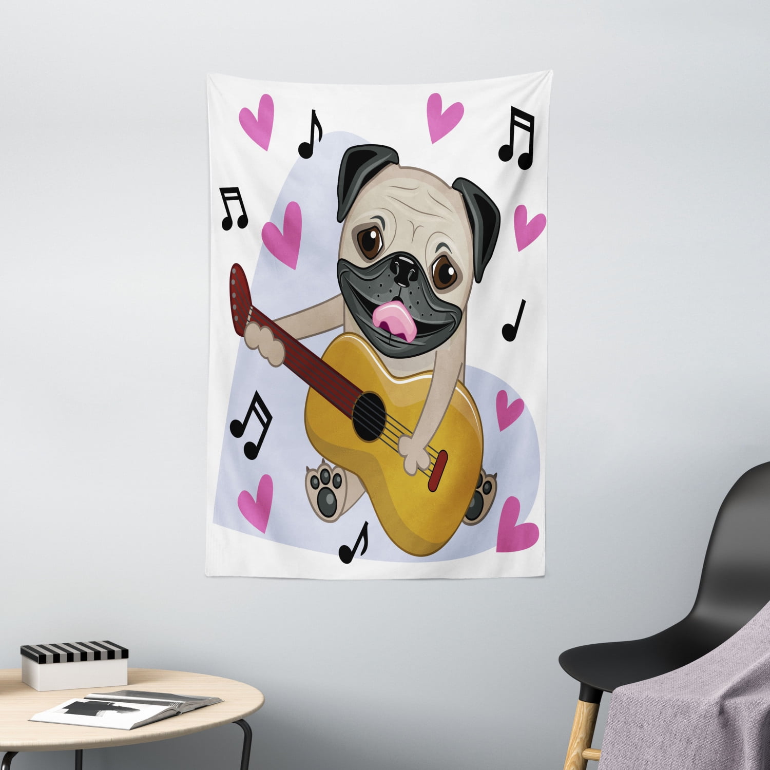 Pug Tapestry, Pug Dog Playing Guitar Singing with Cute Pink Hearts ...