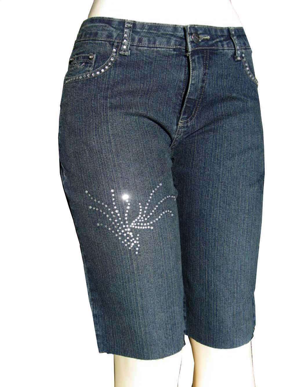 Womens Dk. blue Stretch capri shorts (12" 1/2 inseam) With Rhinstone, # ...