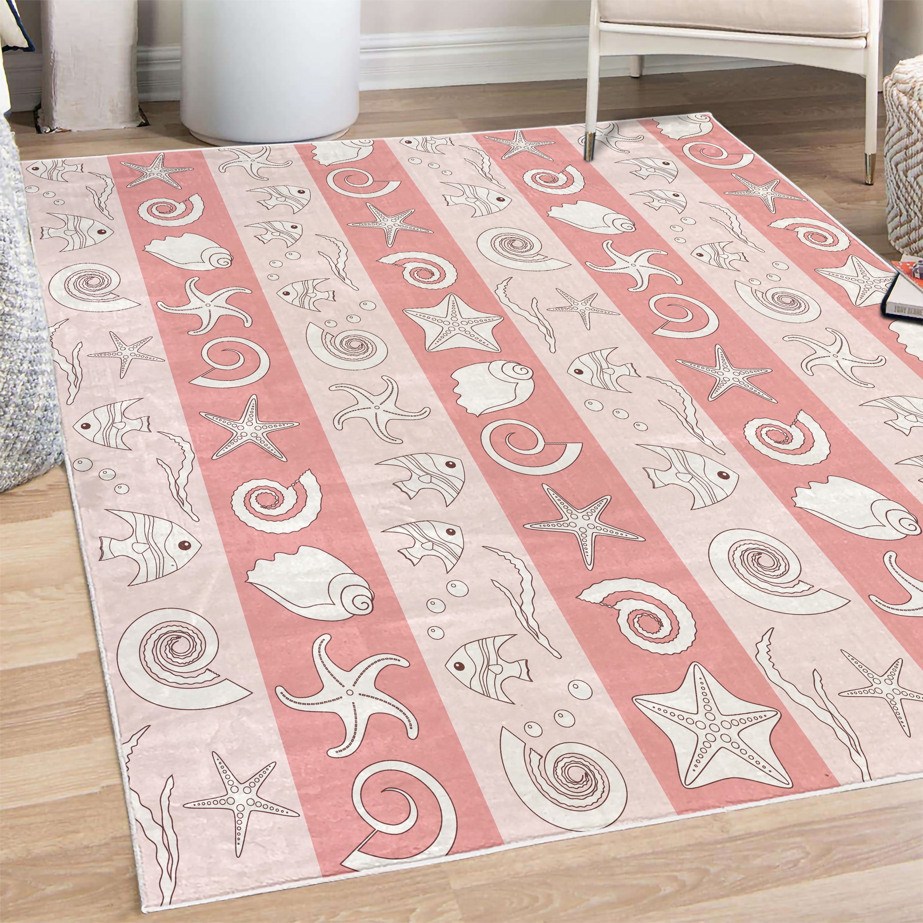 Nautical Decorative Rug, Marine Theme Sea Animals Fishes Shells on ...
