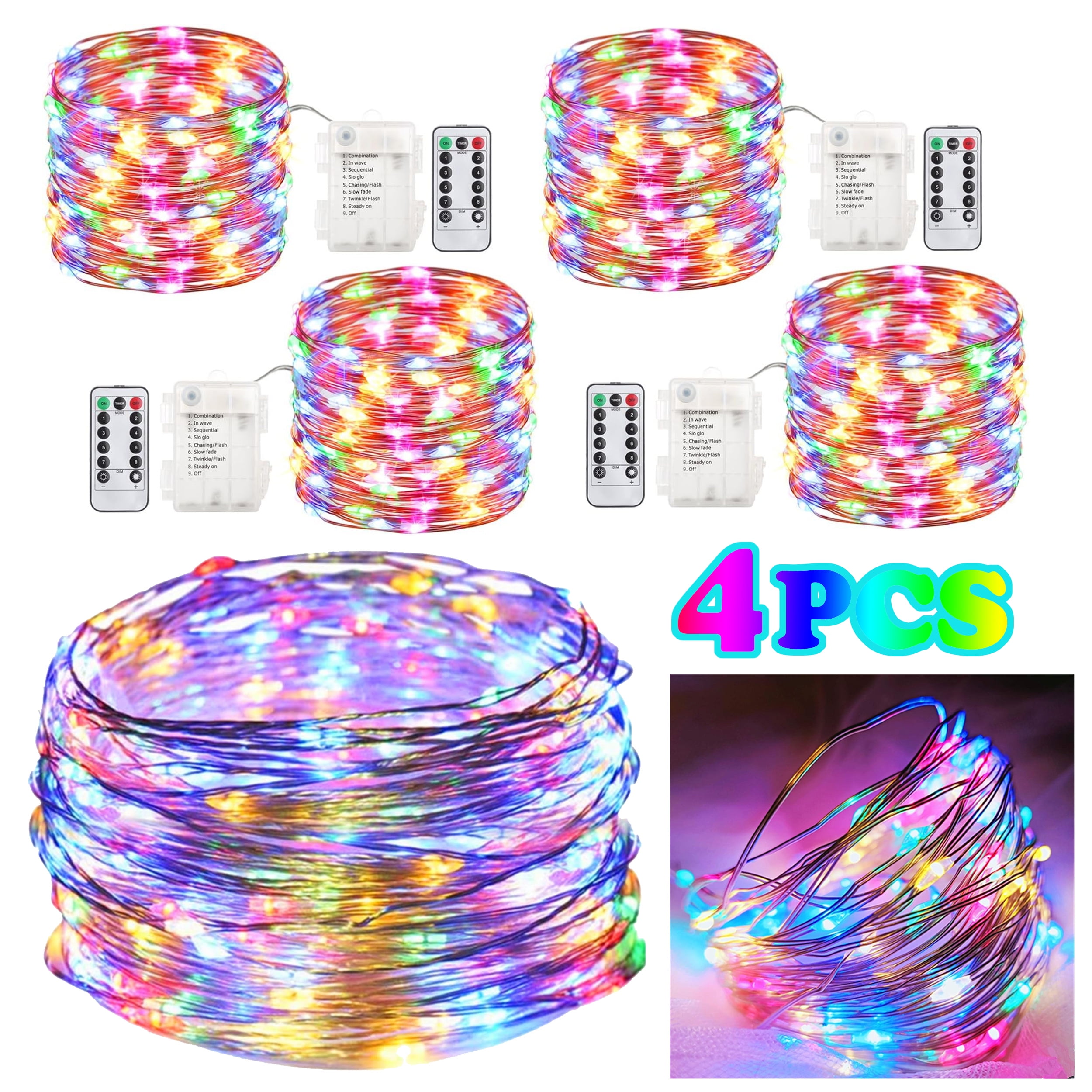 Fairy Lights 4-Pack 200 LED Silver Wire String Lights Fairy String ...