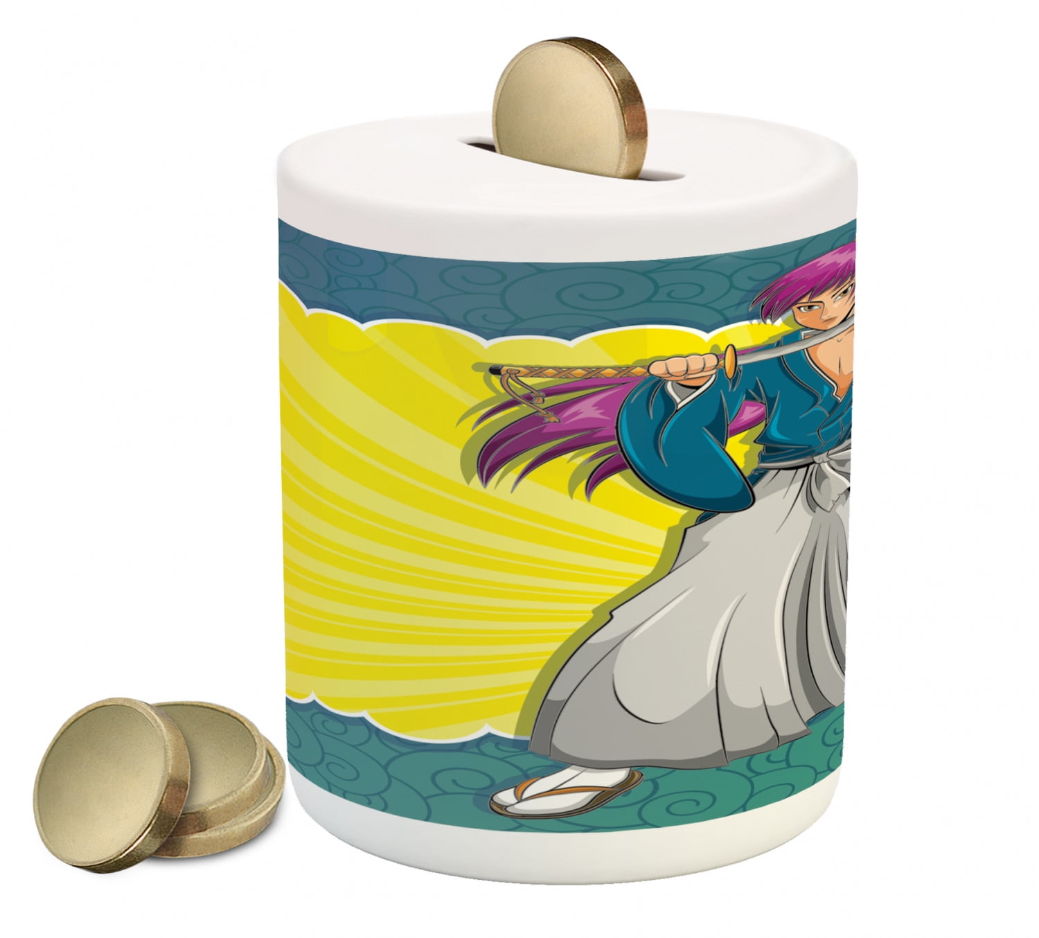 Anime Piggy Bank, Manga Style Girl Samurai Warrior Character on ...