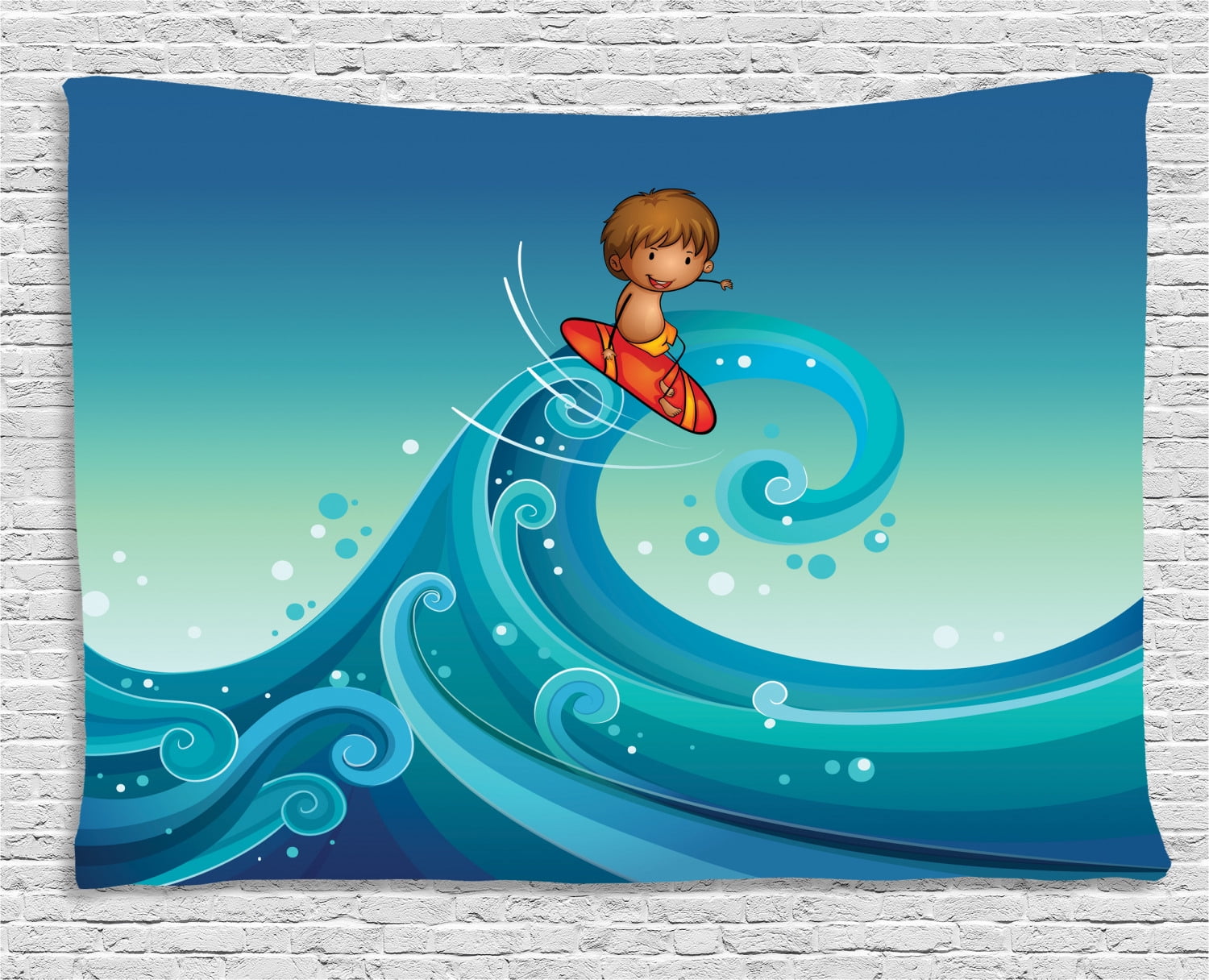 Kids Sports Tapestry, Surfing Baby Giant Waves of the Sea Hobby Boy ...