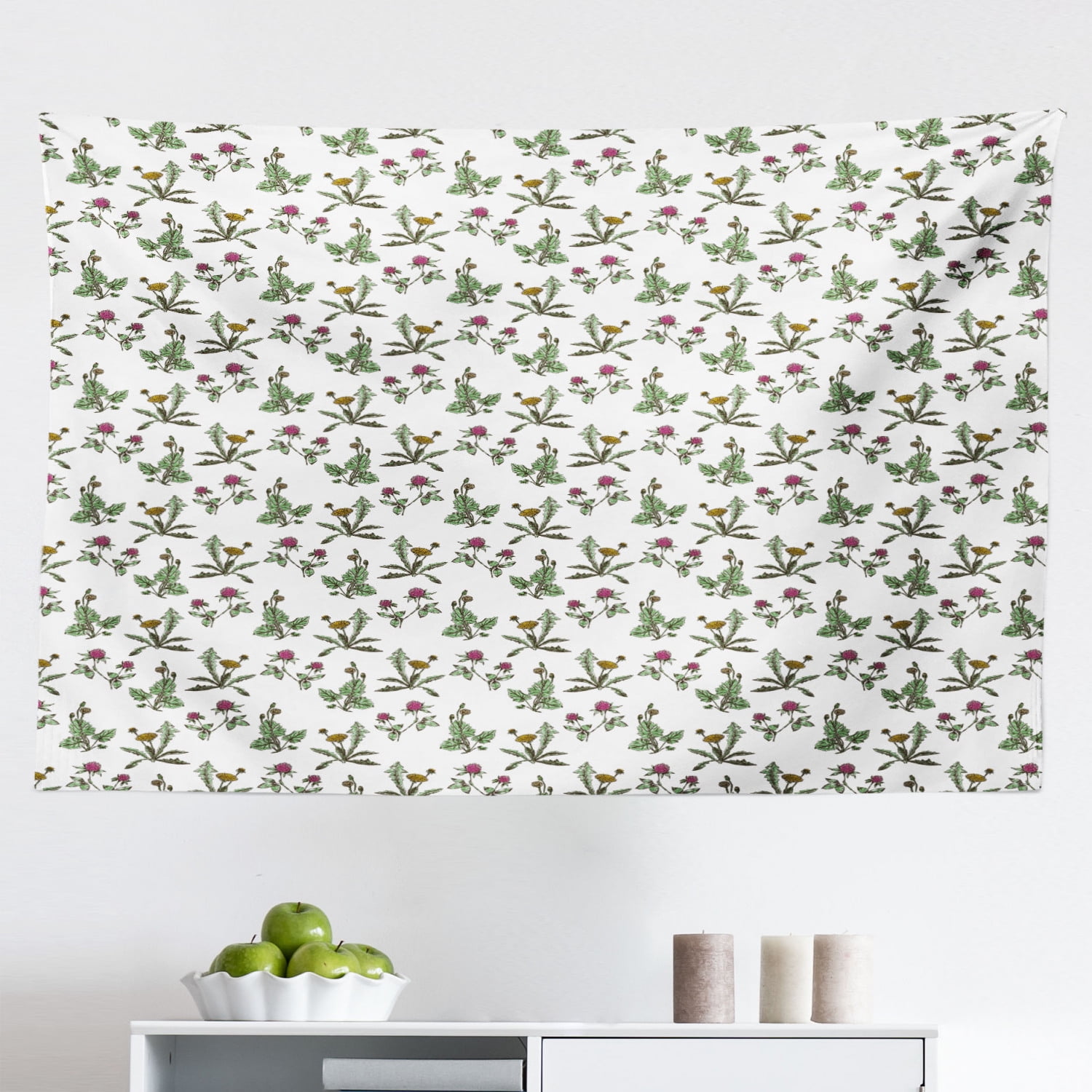 Dandelion Tapestry, Pattern of Leafy Branches and Dotted Herbs Vintage ...