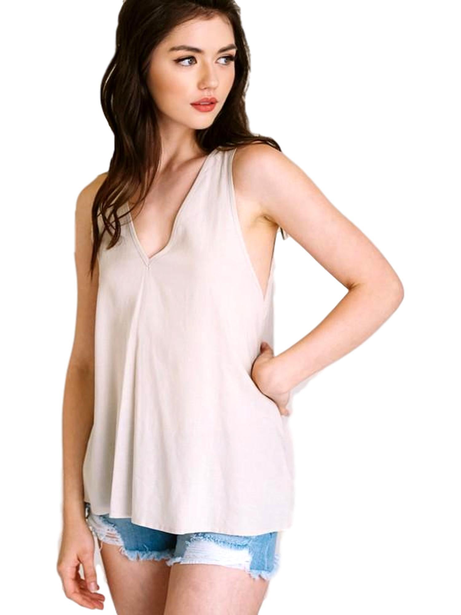 Linen texture V-neck tank top, Natural - Walmart.com