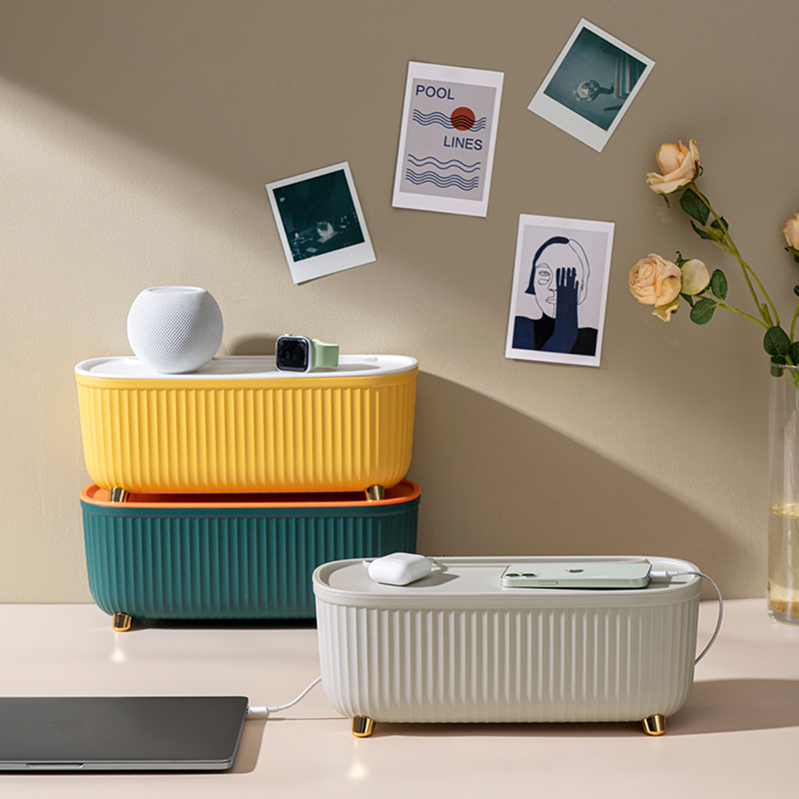 Hesroicy Cable Storage Box with Lid Space-saving Stripe Dust-proof ...