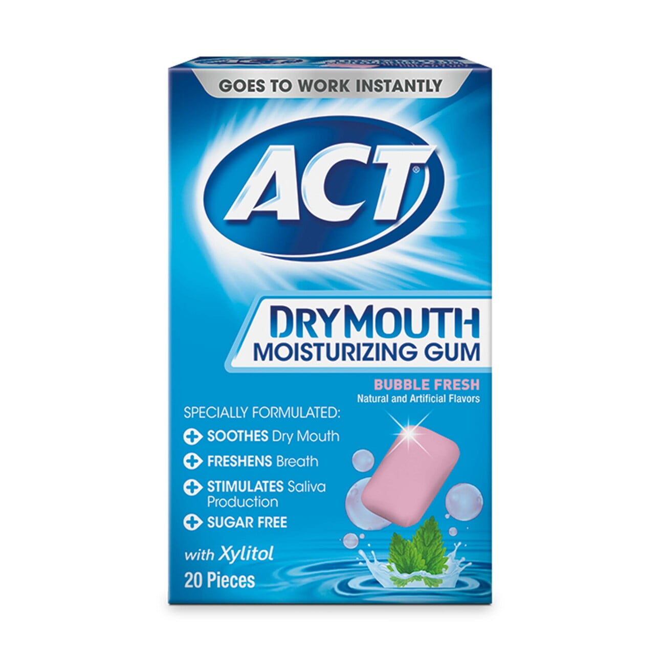 ACT Dry Mouth Gum, Bubble Fresh, 20 Pieces, Moisturizing Gum