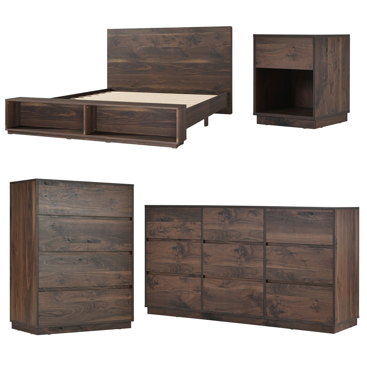 5-Piece Walnut Bedroom Set,Modern Furniture Set include King Size ...