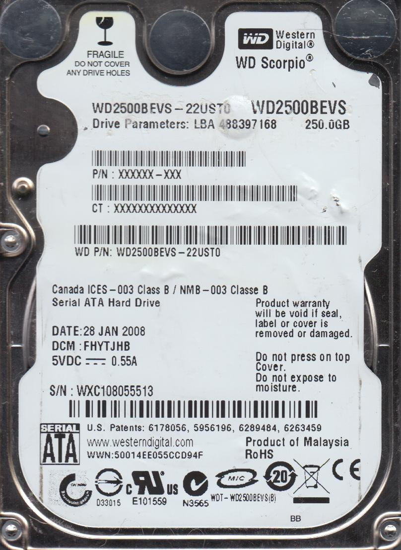 WD2500BEVS-22UST0, DCM FHYTJHB, Western Digital 250GB SATA 2.5 Hard ...