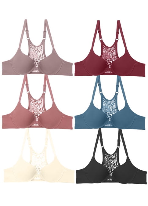 Ladies Plunge Push Up Bra Floral Lace Racerback 6 Piece Color Variety ...
