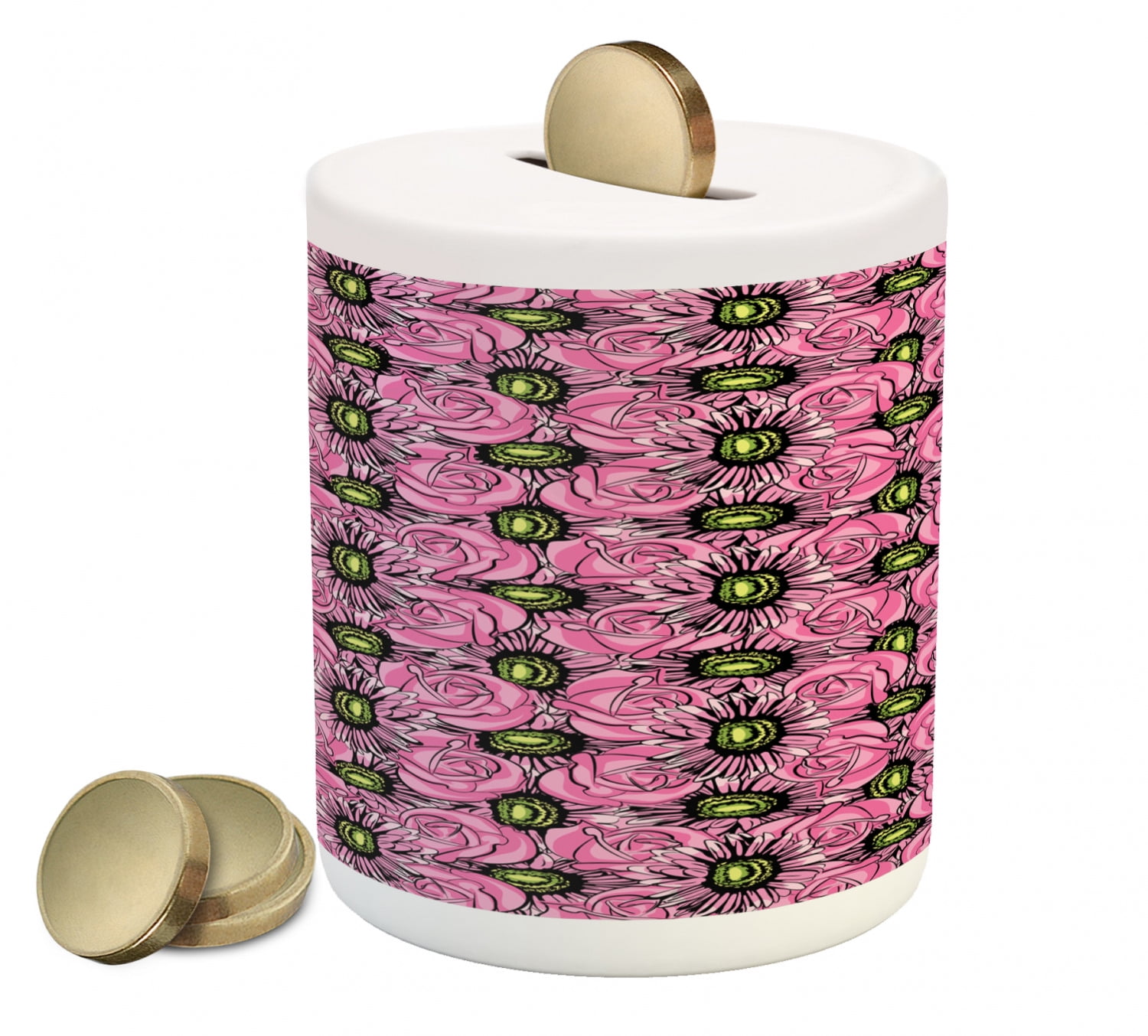 Garden Art Piggy Bank, Roses and Gerbera Flowers Pattern Illustration ...