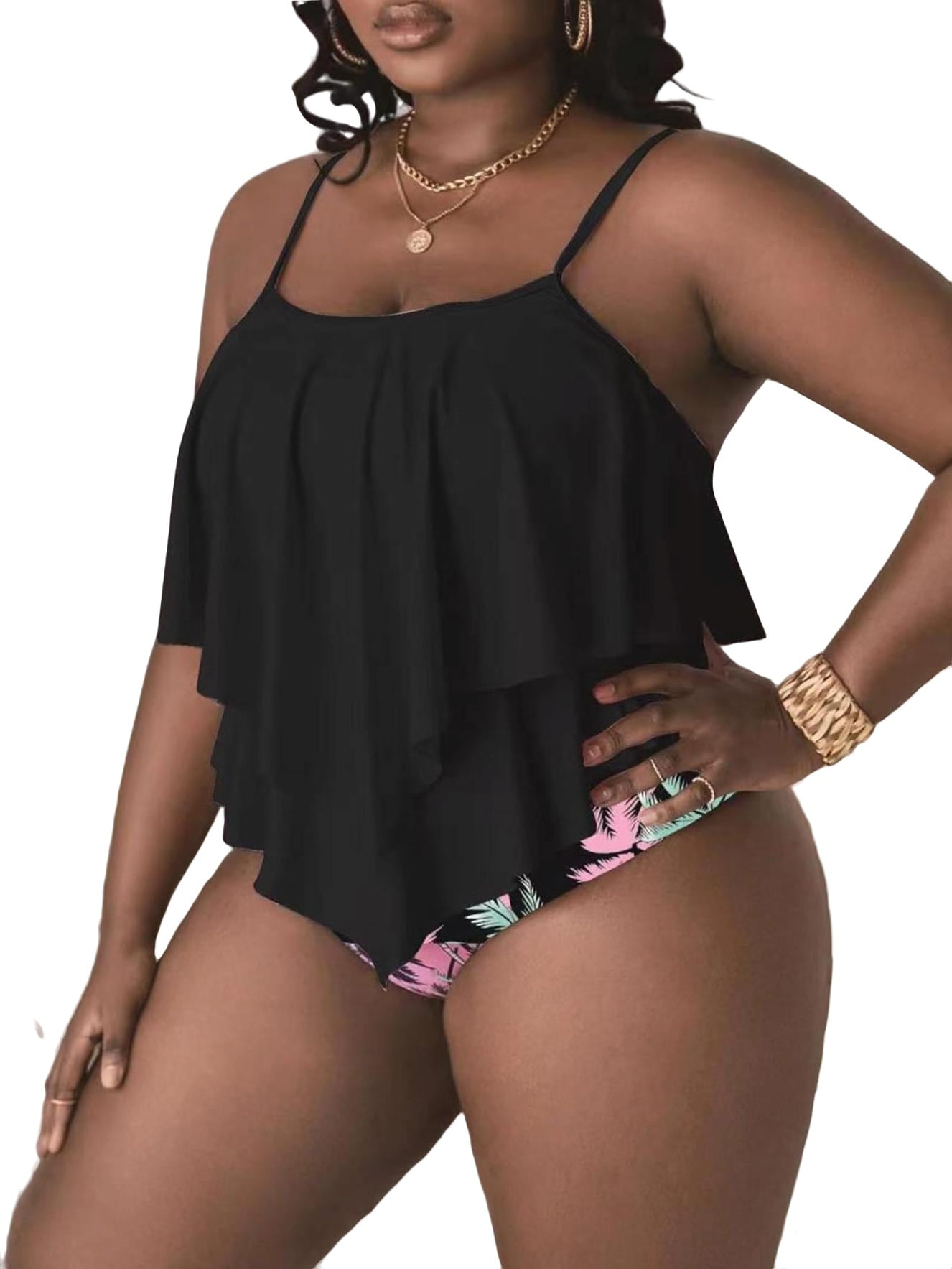 Floral Print Spaghetti Strap Black Plus Size Tankinis Womens Plus