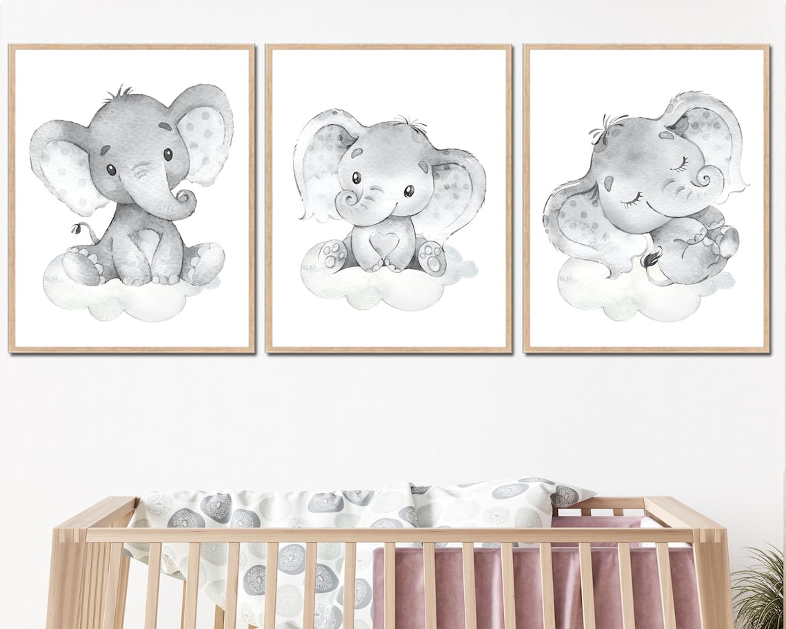 Wall Decor 3 Pieces Gray Elephant Prints Posters Wall Art Canvas ...
