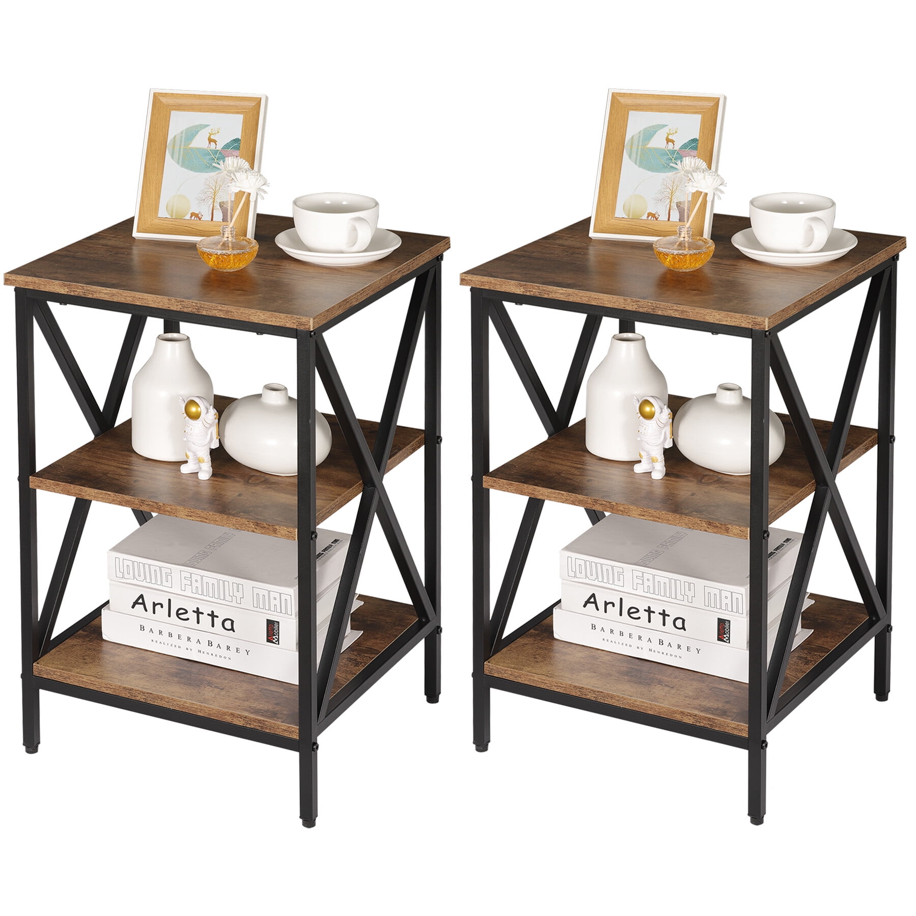 ZENSTYLE 2 Pcs 3-Tier Metal Frame Side End Table x-Shaped, Brown ...