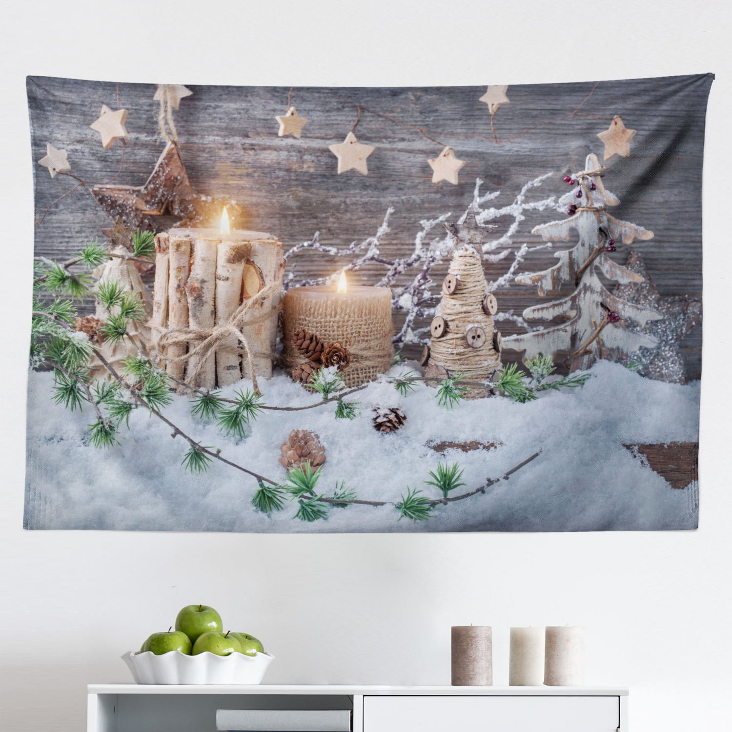 Christmas Tapestry, Dark Starry Night with Spruce Coniferous Tree on ...