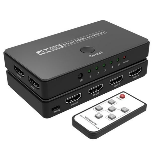 HDMI Switch 5 Port IR Remote Control 5 in 1 Out Selector Support 4K@60Hz Ultra HD 3D 2.0 2160P ...