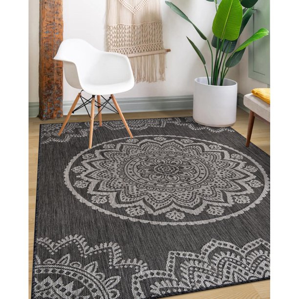 CAMILSON Indoor Outdoor Rug, 8' x 10' Dark Grey Medallion Area Rugs ...