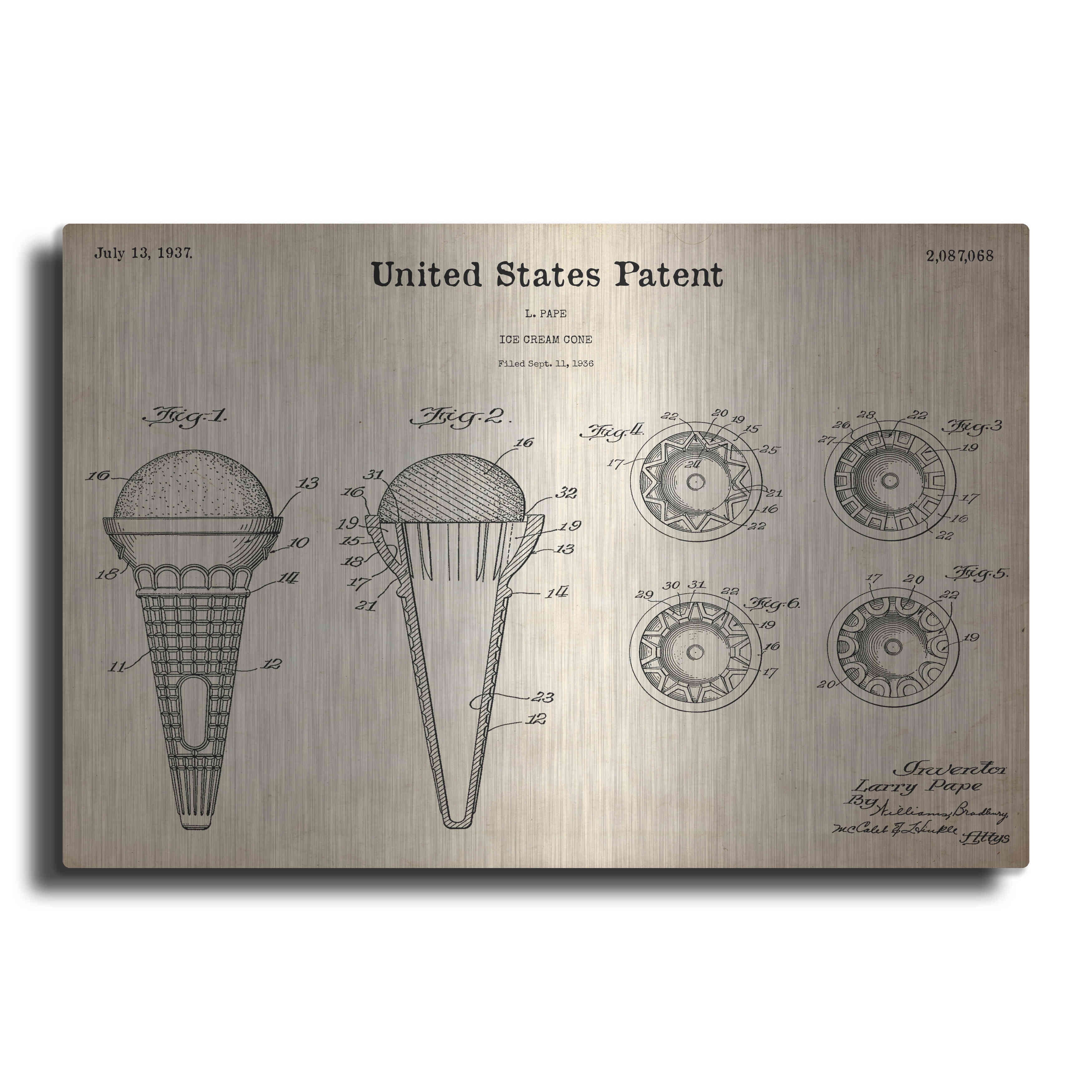Luxe Metal Art 'Ice Cream Cone Blueprint Patent Parchment,' Metal Wall ...