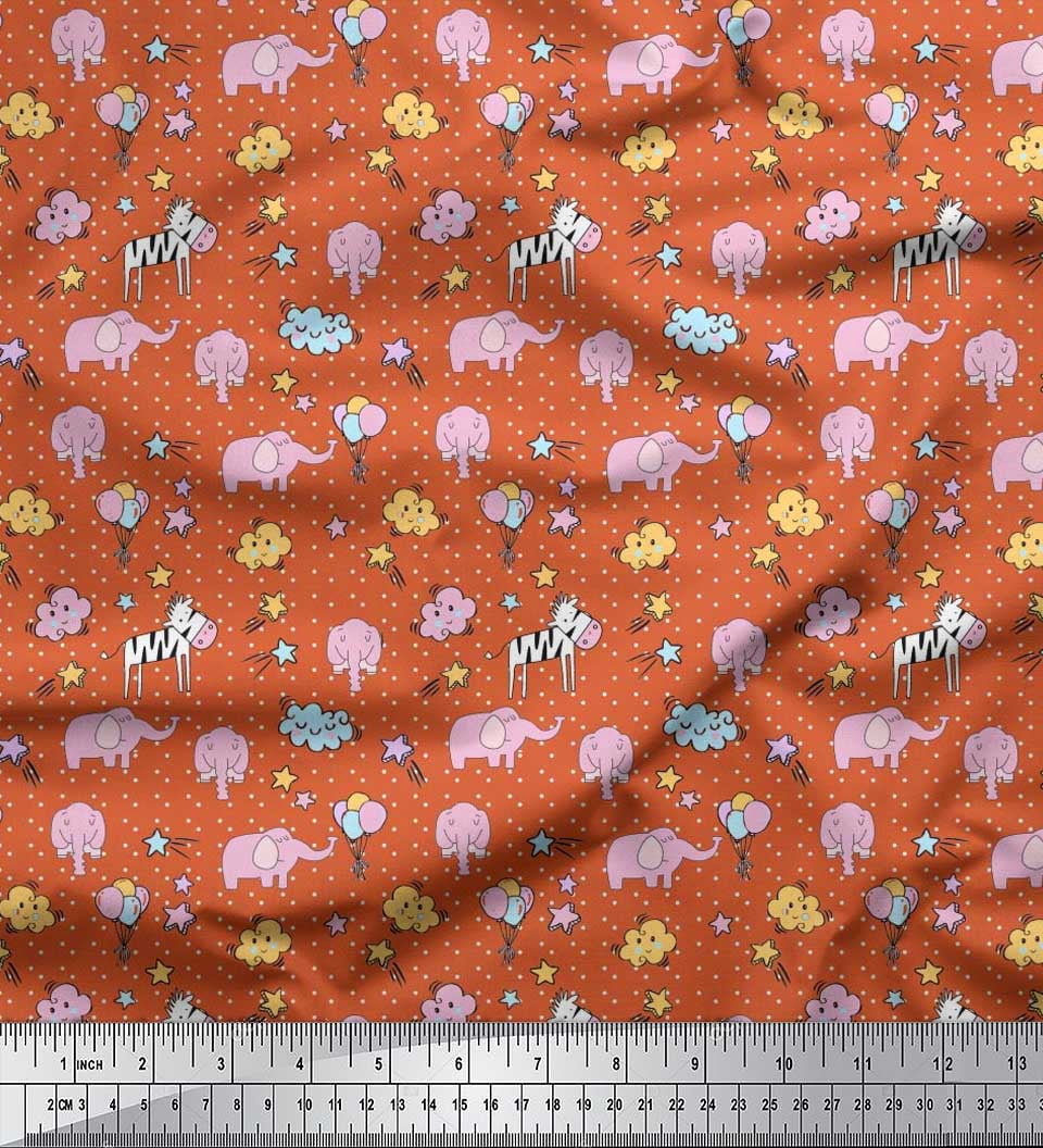 Soimoi Crepe Silk Fabric Cloud,Star & Cute Elephant Kids Print Fabric ...