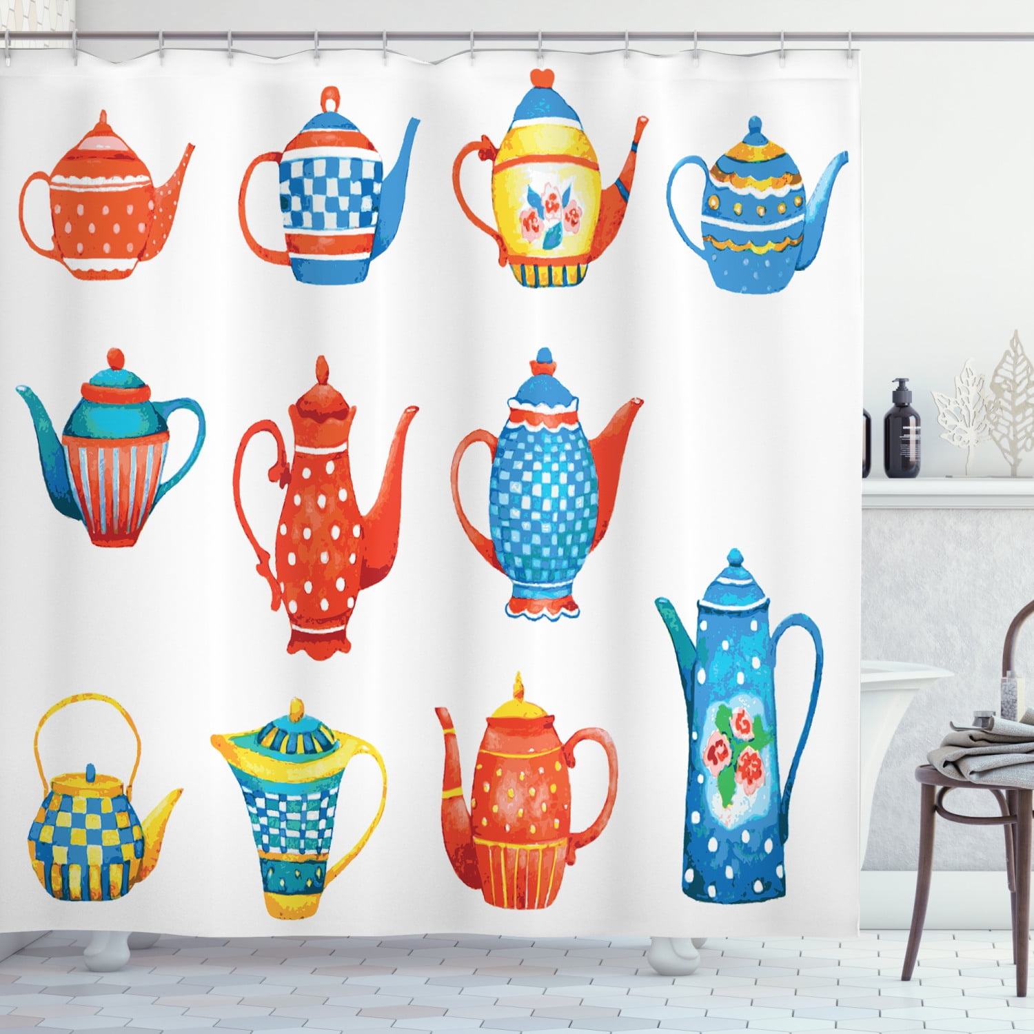 Ambesonne Tea Party Shower Curtain, Teapots Design, 69"Wx75"L, Blue ...