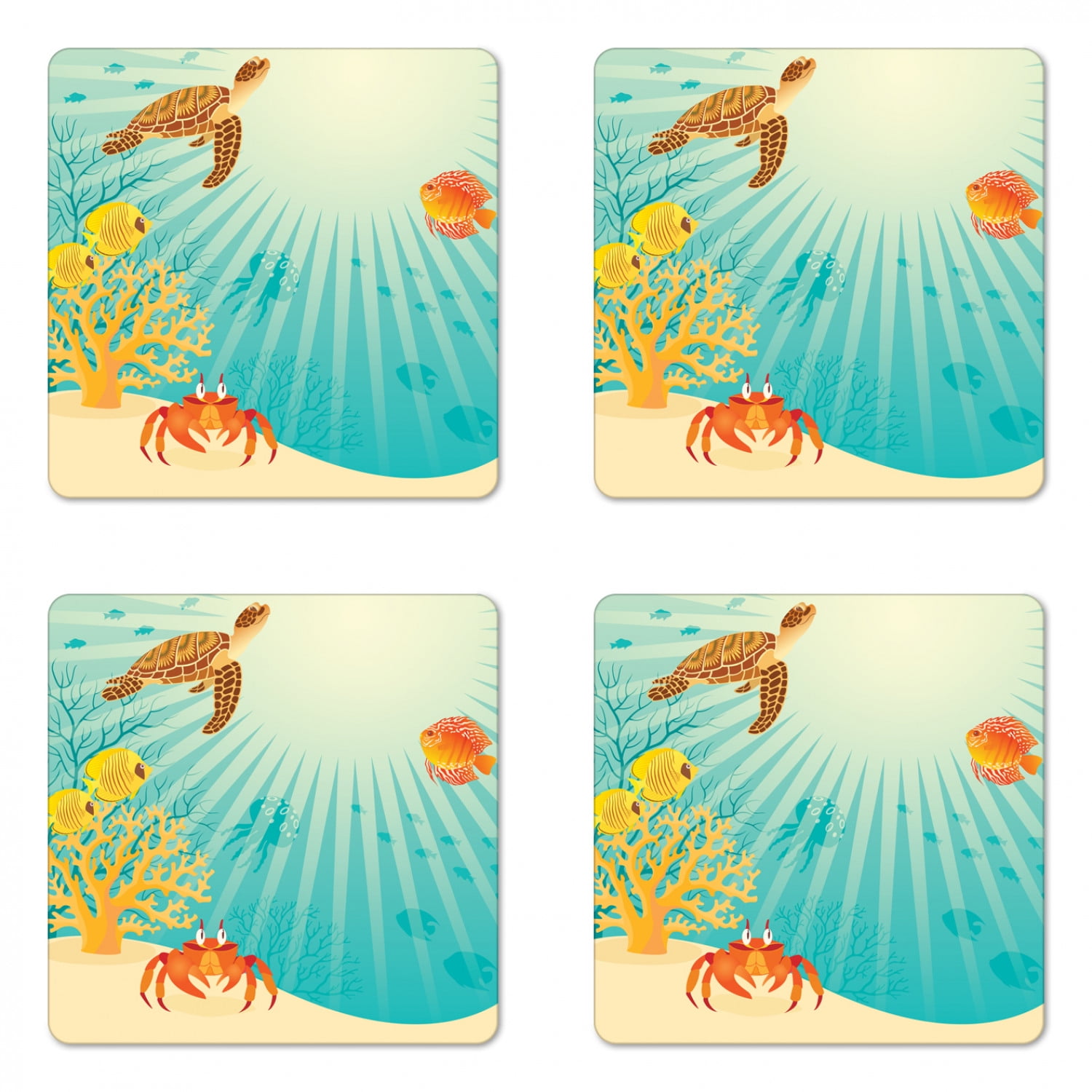Marine Coaster Set of 4, Tropical Fishes Crab Loggerhead Sea Turtle ...