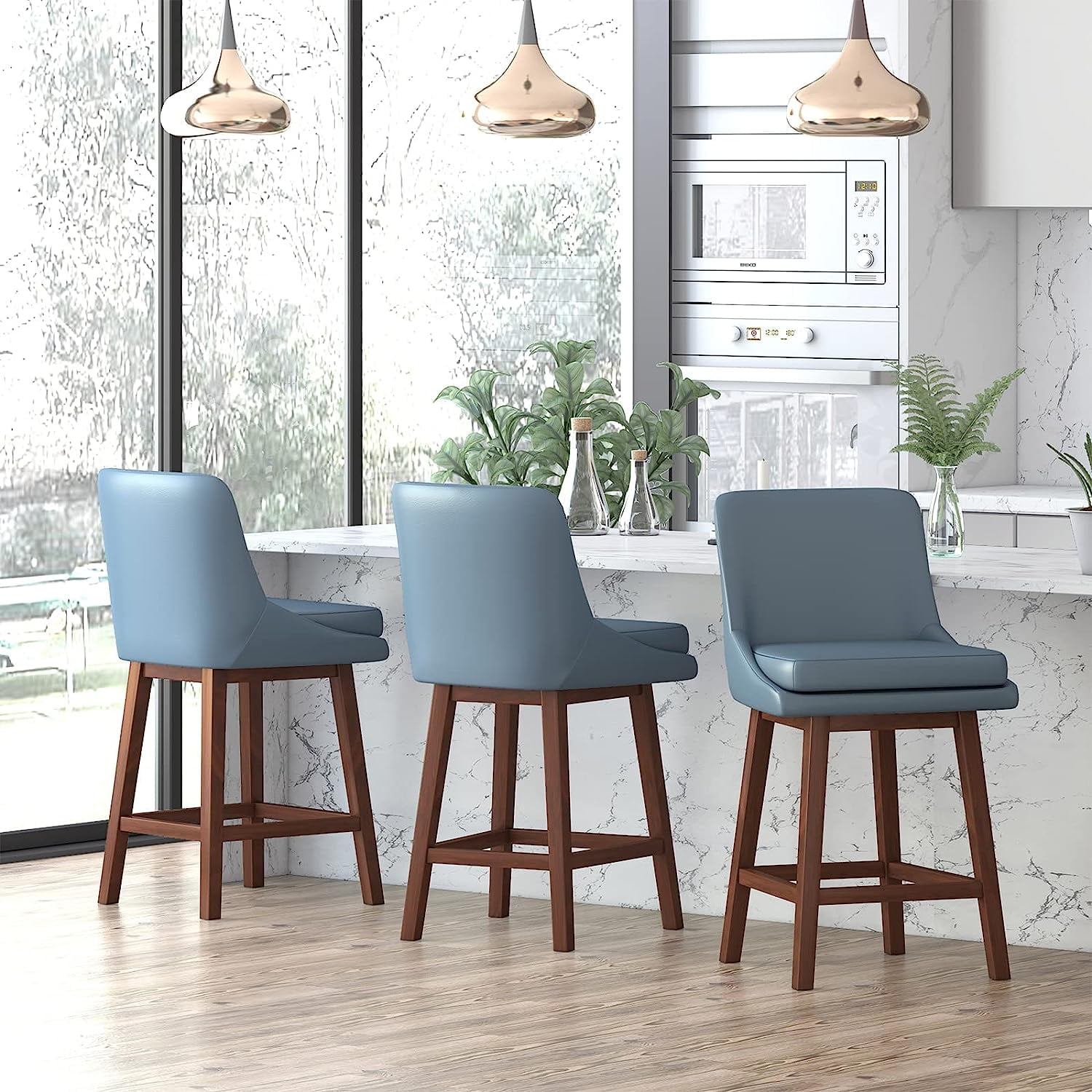 ZAFLY Counter Height Bar Stools Set of 3, 26" H Swivel Barstools with Back, Synthetic Leather ...