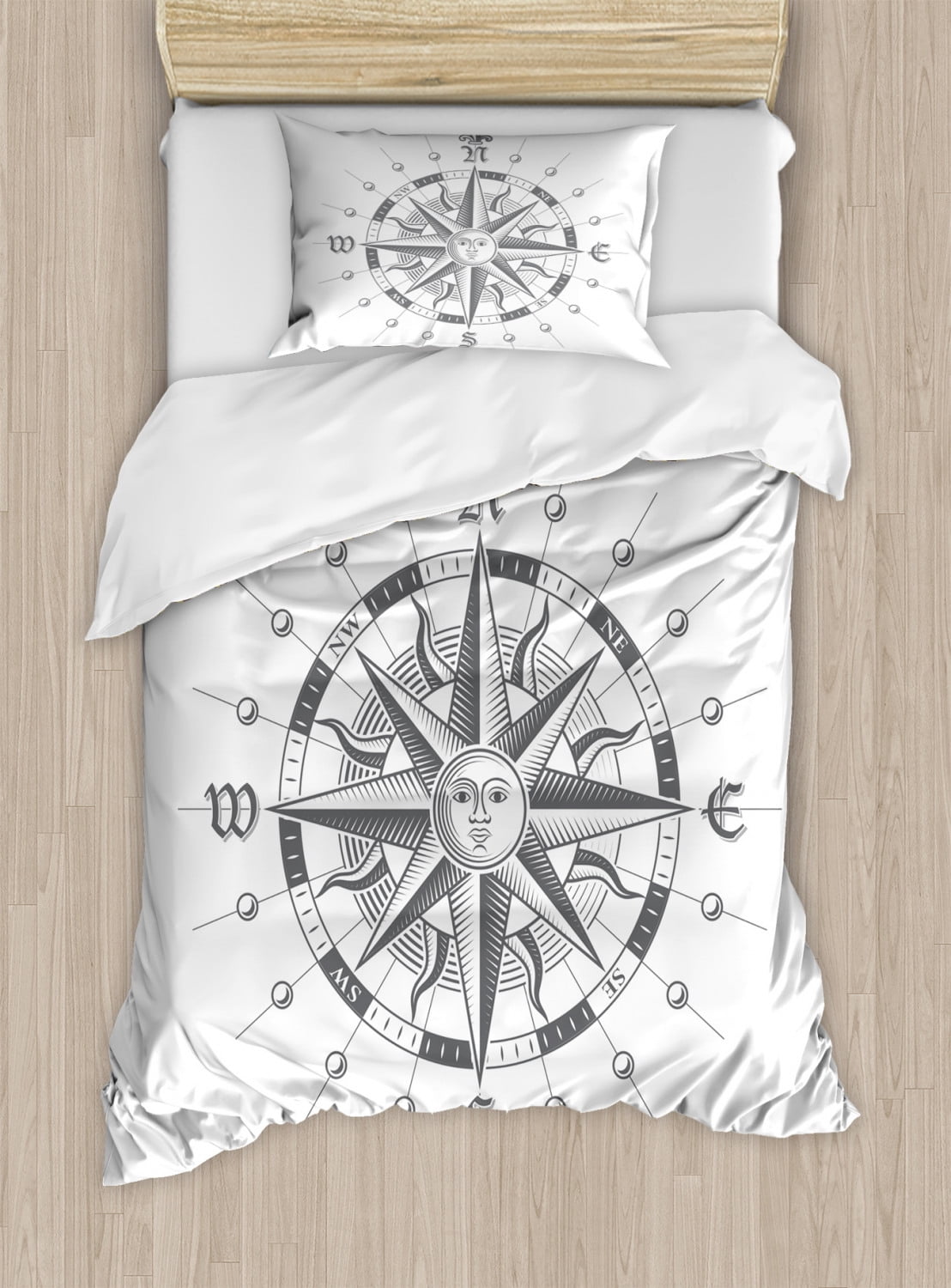 Compass Duvet Cover Set Twin Size, Hand Drawn Compass with the Face of ...