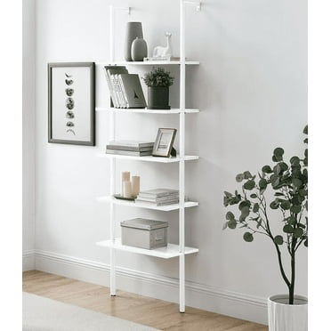 Ladder Shelf White Wooden Open Bookshelf 5-Tier Wall-Mounted Wood Rack ...