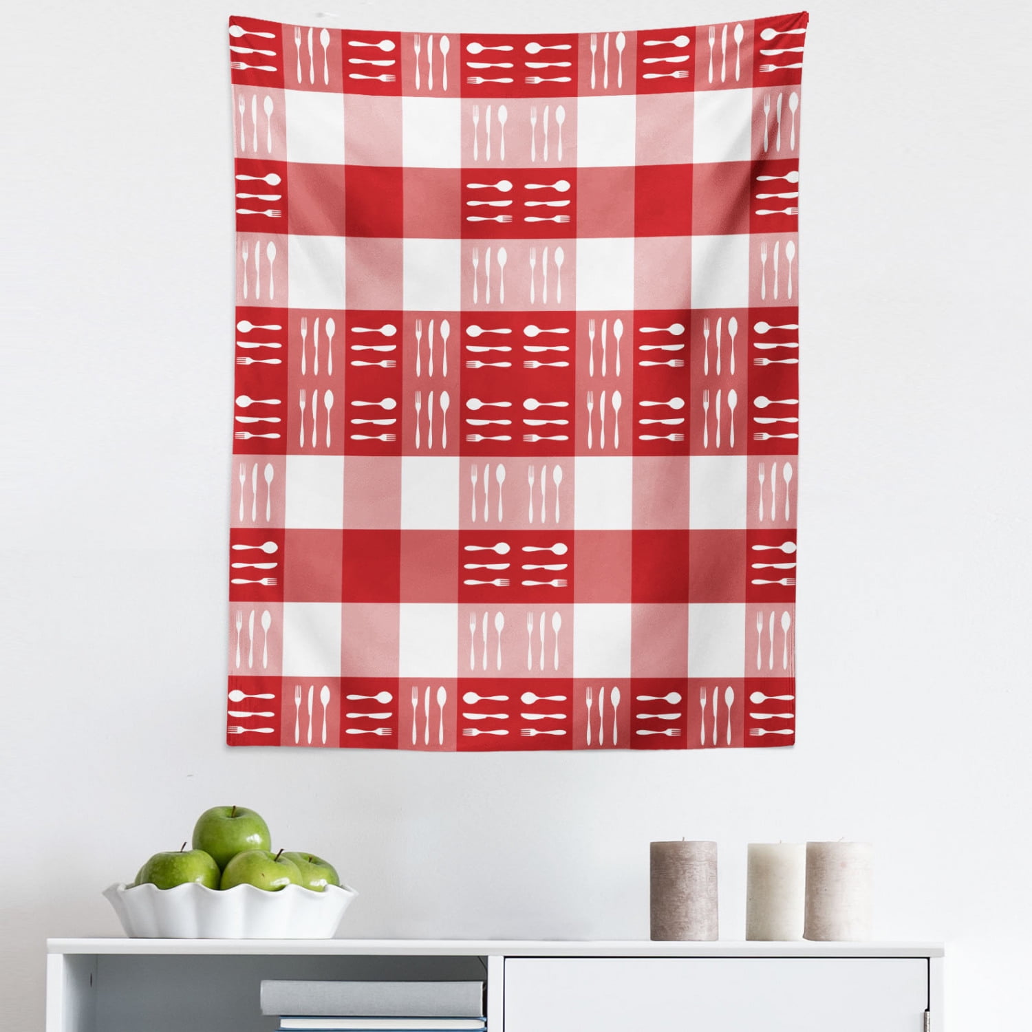 Checkered Tapestry, Cutlery Silhouettes on Squares Dining Picnic Tile ...