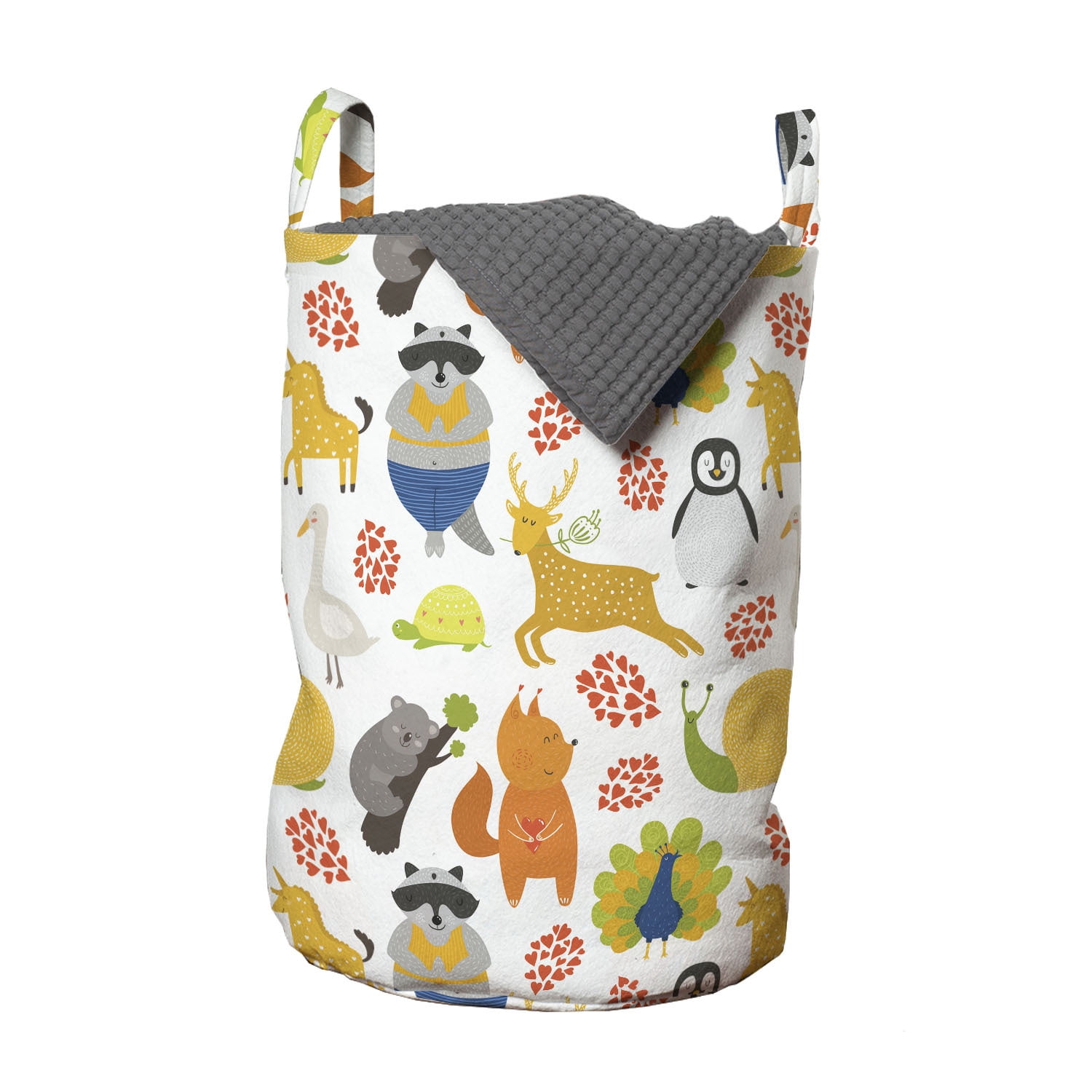 Animal Laundry Bag, Cartoon Exotic Animals Penguin Peacock Raccoon and ...