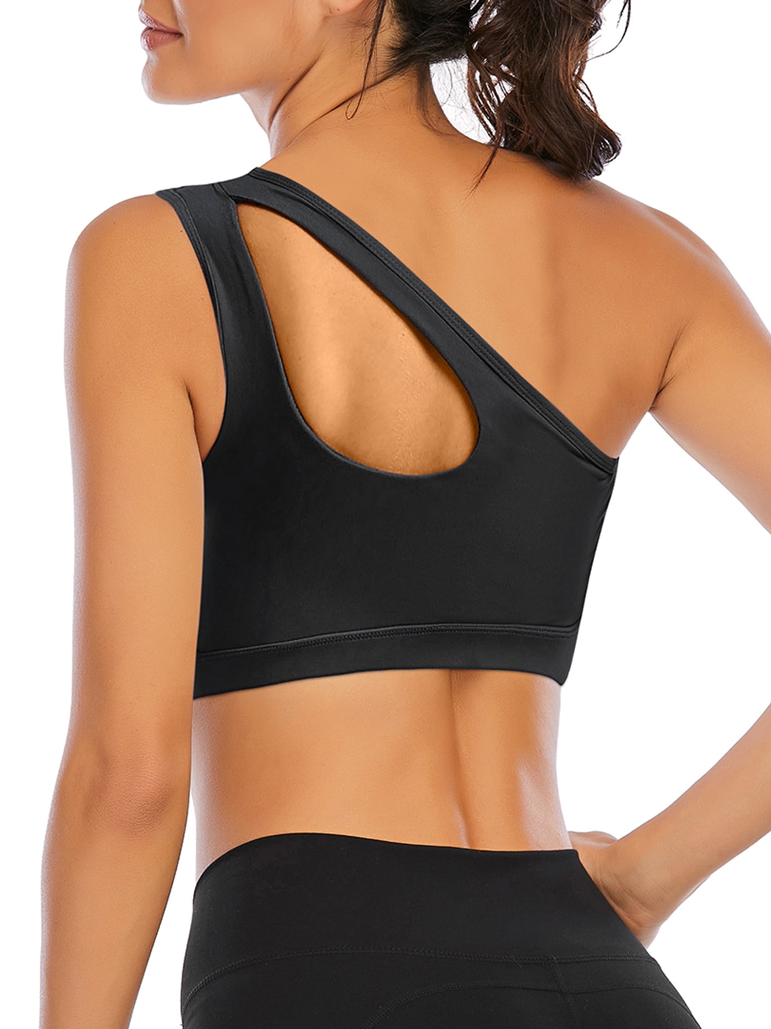 Womens One Shoulder Cut Out Tank Top Workout Padded Sports Bra Post