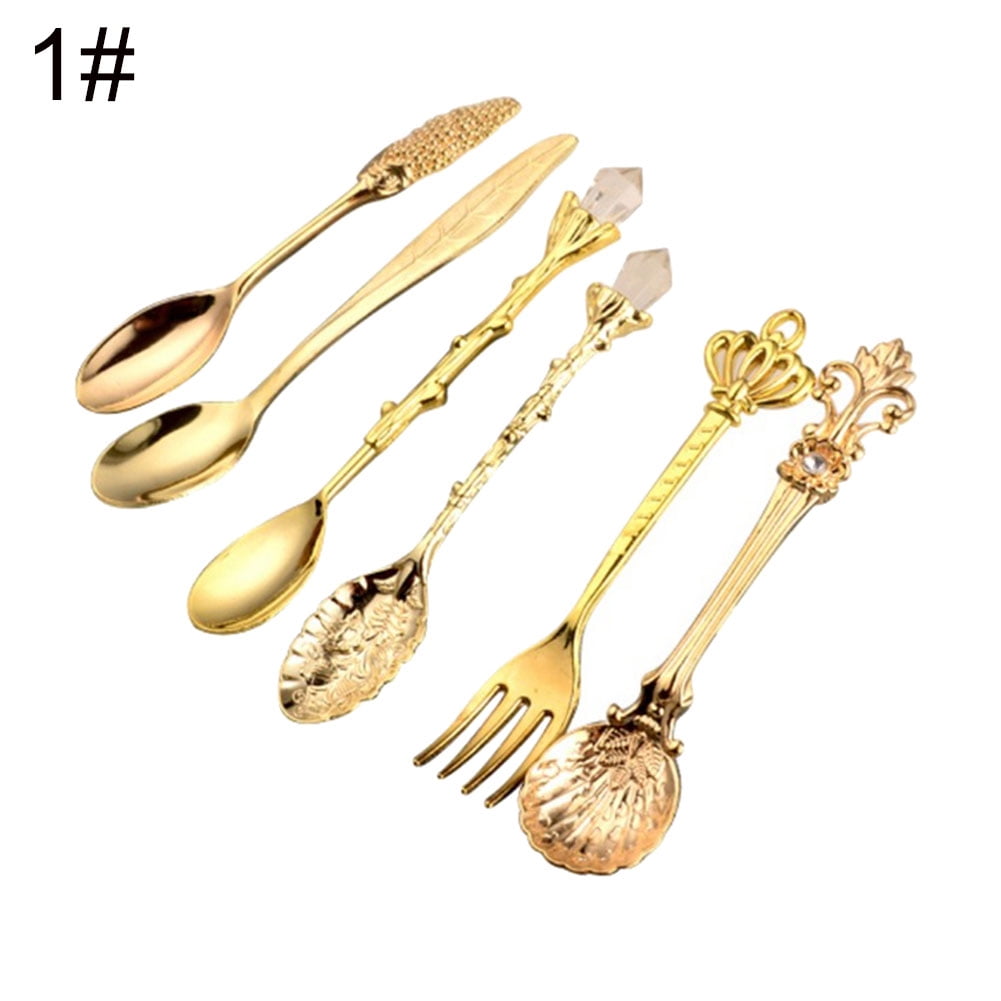 6Pcs Crown Scepter Head Long Handle Coffee Dessert Mixing Spoon Fork ...