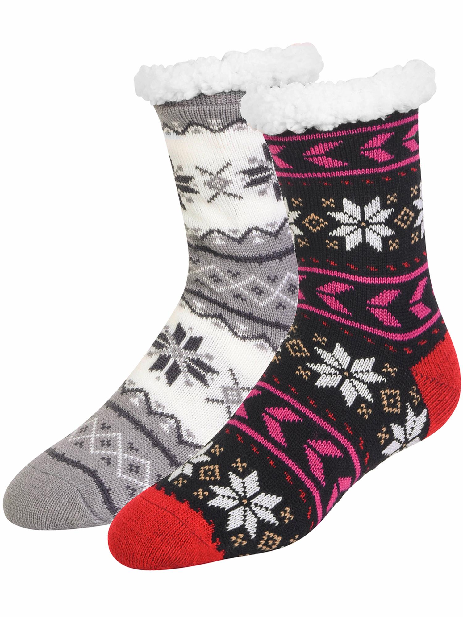 Gray & Red Snowflake Winter Thermal 2-Pack Thick Non-Skid Slipper Socks ...