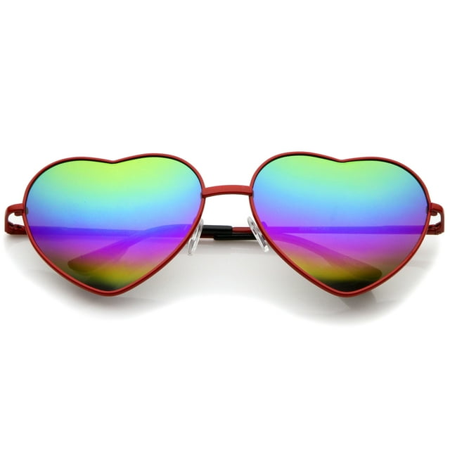 Women's Metal Frame Colored Mirror Rainbow Lens Heart Sunglasses 61mm ...