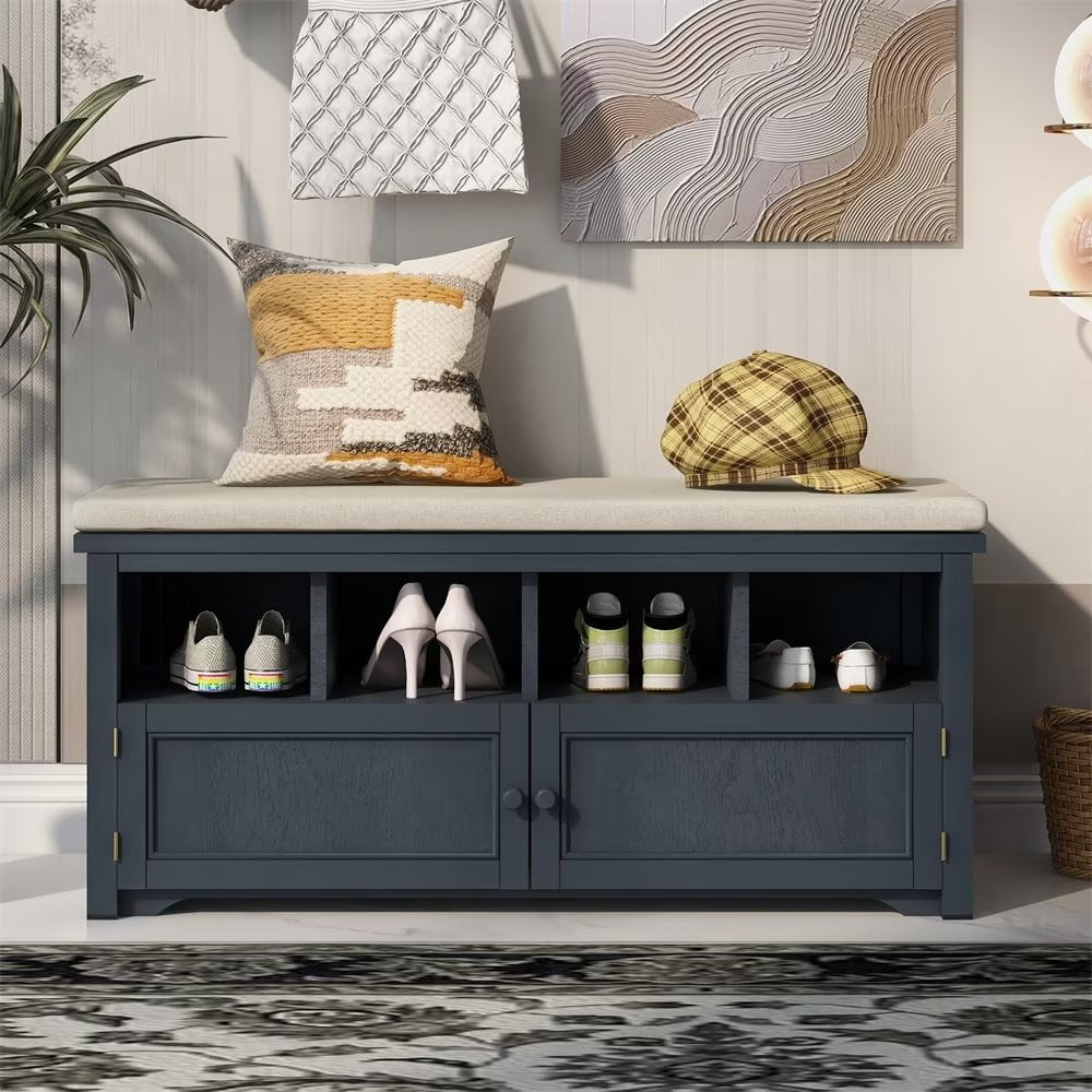 Storage Bench Entryway Bench Organizer with 2 Doors, Open Shelves and ...