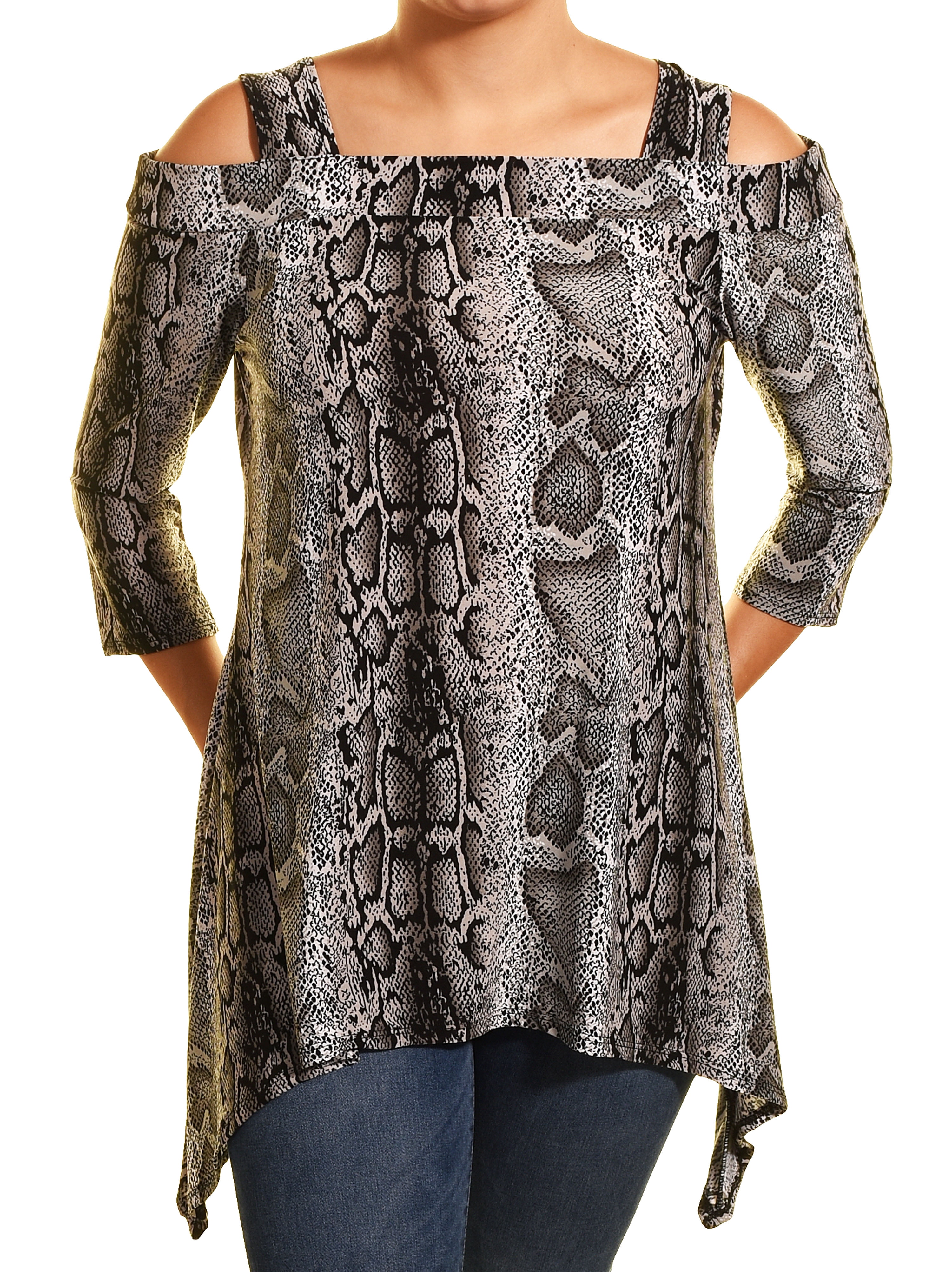 Avital Womens Cold Shoulder Asymmetrical Trapeze Shirt (Snake Gray ...