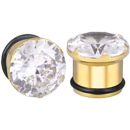HTWW Single Flare Ear Plugs Stainless Steel Ear Gauges Clear CZ Earring ...
