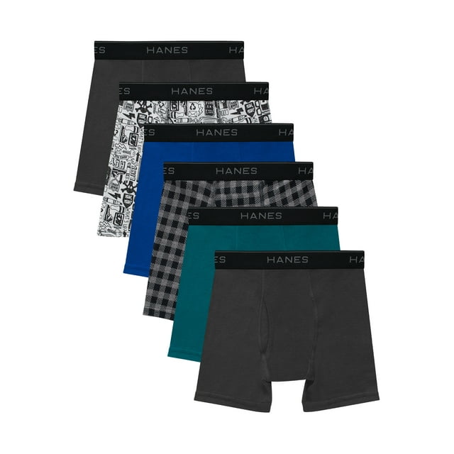 Hanes Boys' Cotton Boxer Briefs Assorted Prints and Solid Colors, 5+1 ...