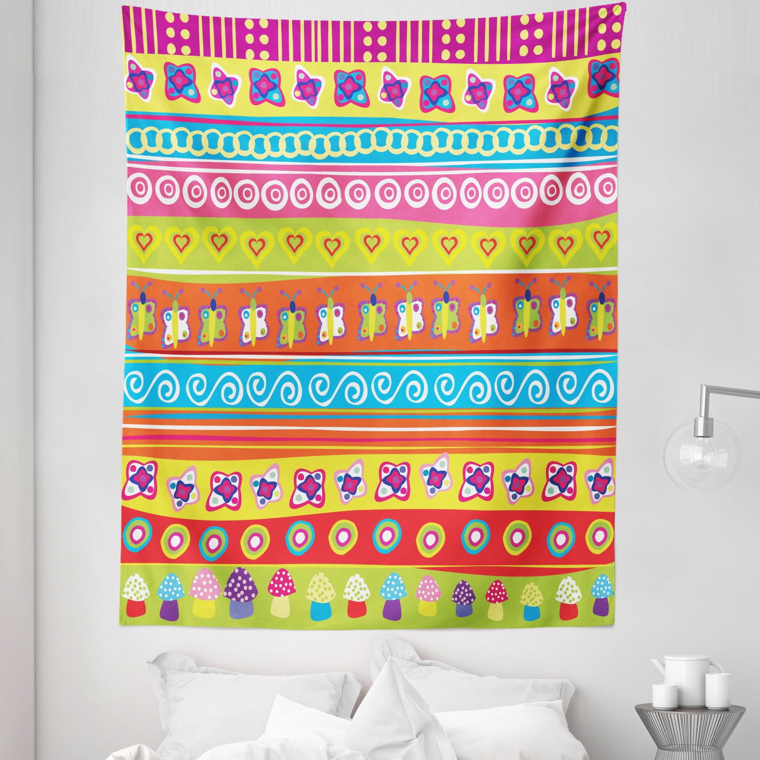 Cartoon Tapestry, Various Doodles with Lines Separating Them Mushrooms ...