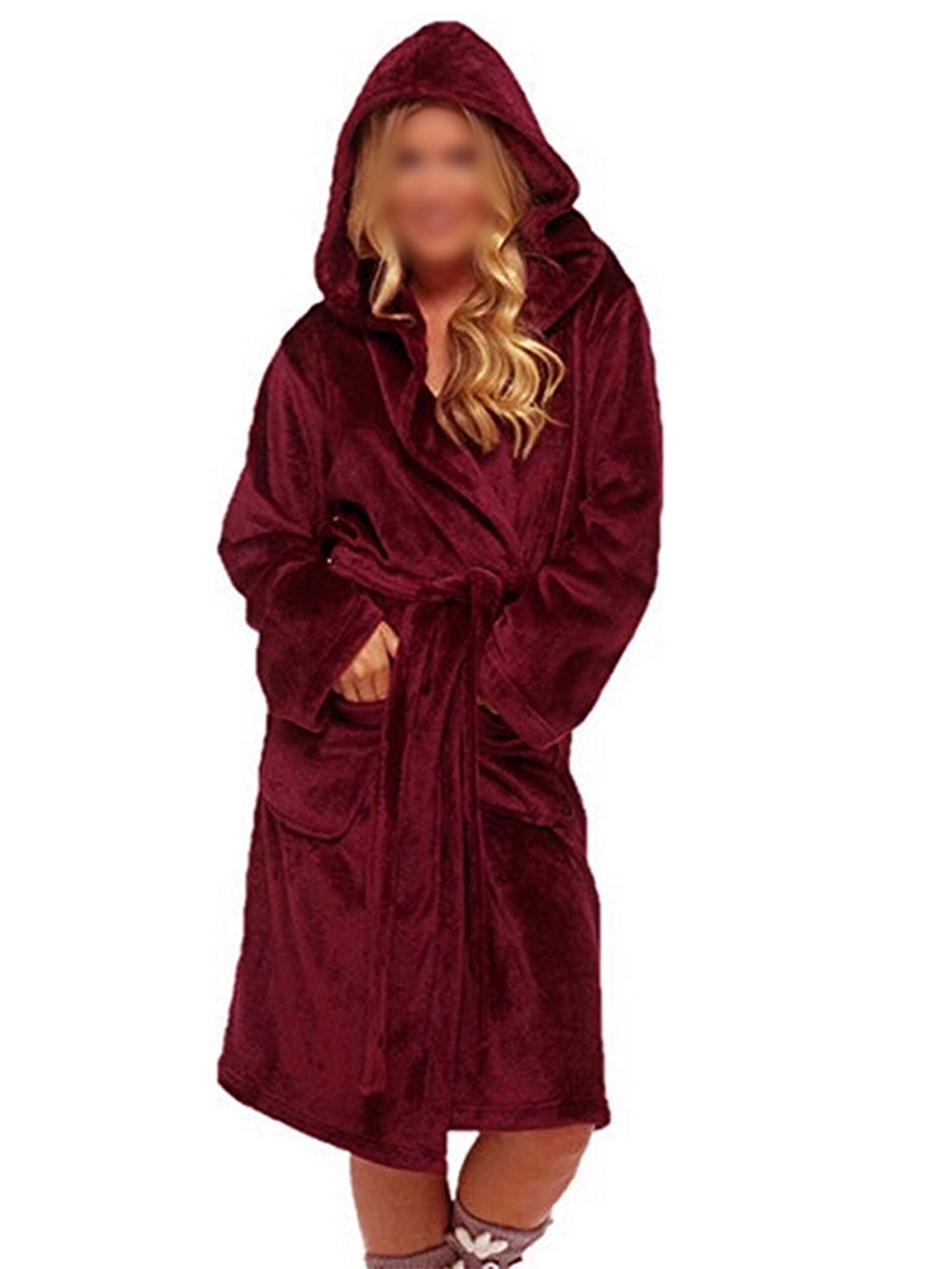 Haite Ladies Fuzzy Plush Bathrobes V Neck Sherpa Robe Hooded Fleece ...