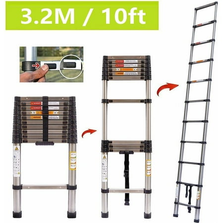 10.5FT / 3.2M Telescopic Ladder Stainless Steel Ladders Multi-Purpose ...
