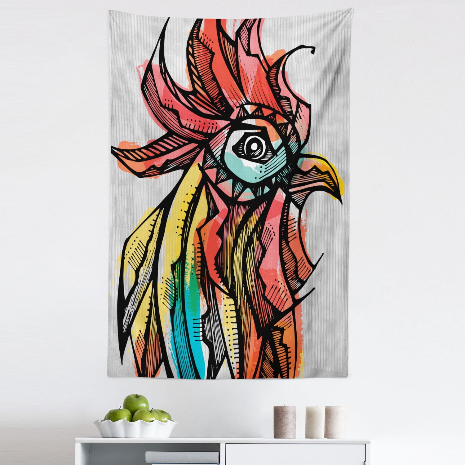 Rooster Tapestry, Watercolor Colorful Contemporary Art Style Cockerel ...