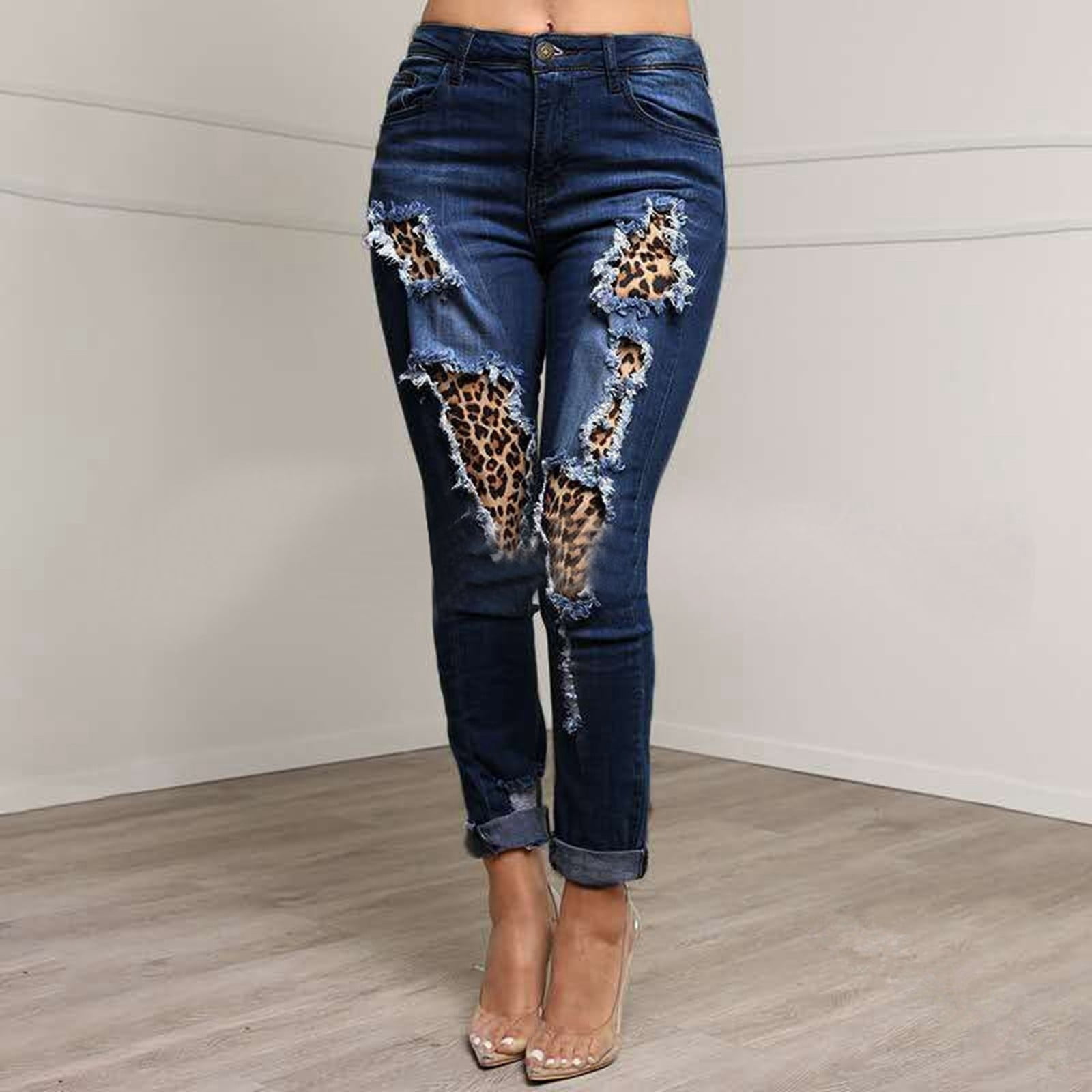 Click here for Huitkmm Womens Slim Fit Ripped Jeans With Leopard... prices