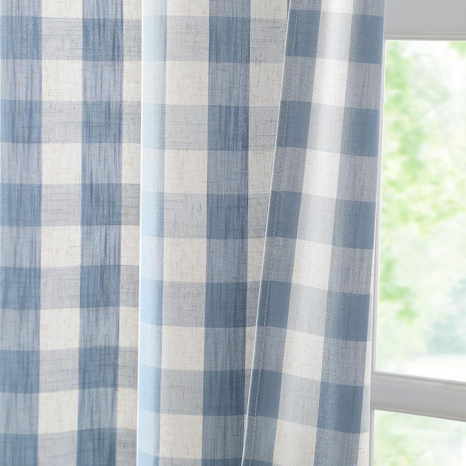 Click here for Sjcilo Beige-Dusty Blue Buffalo Plaid Semi Sheer C... prices
