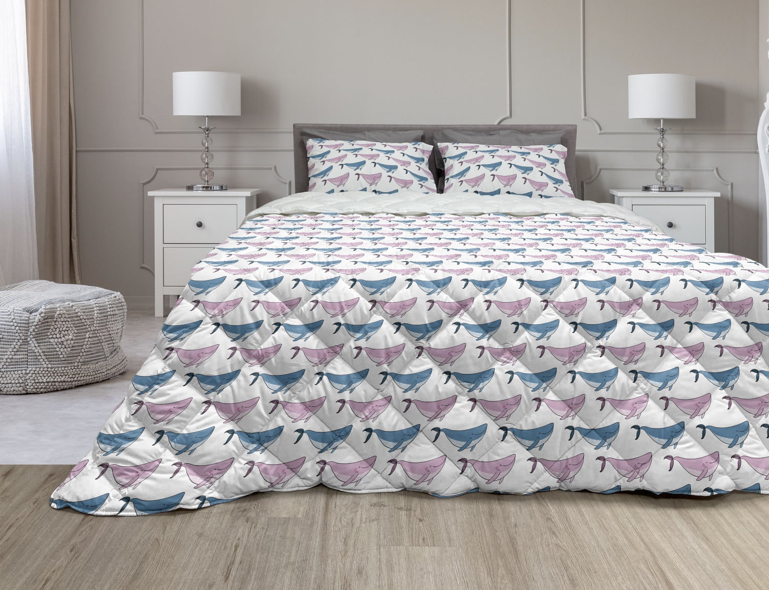 Whale Comforter & Sham Bedding Set, Sea Animals Pattern with Smiling ...