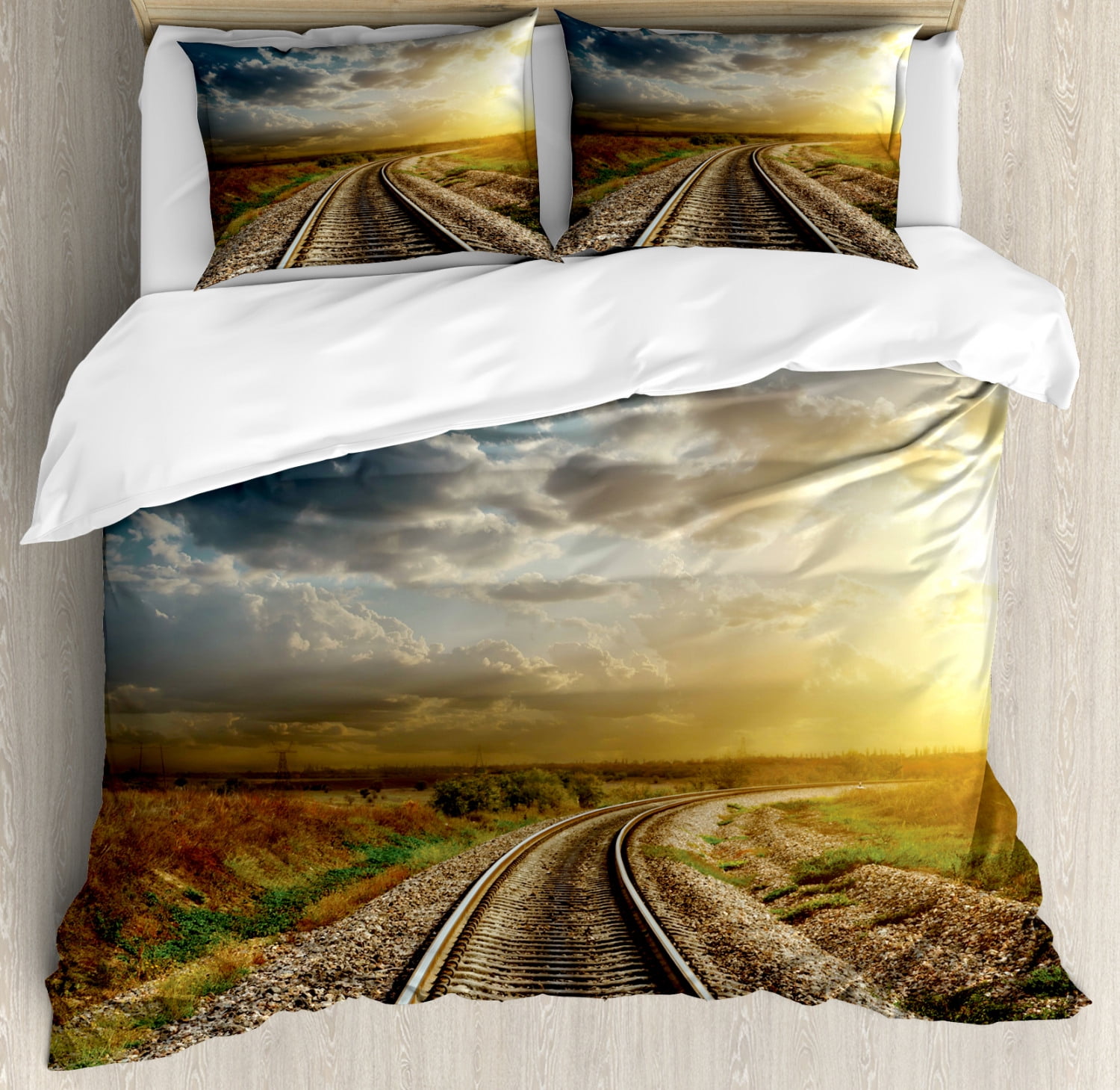 Train Track Duvet Cover Set King Size, Railroad Goes to Horizon in ...