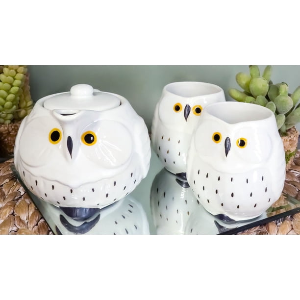 Whimsical White Fat Snow Owl Ceramic 16oz Tea Pot With 2 Cups Set Owls ...