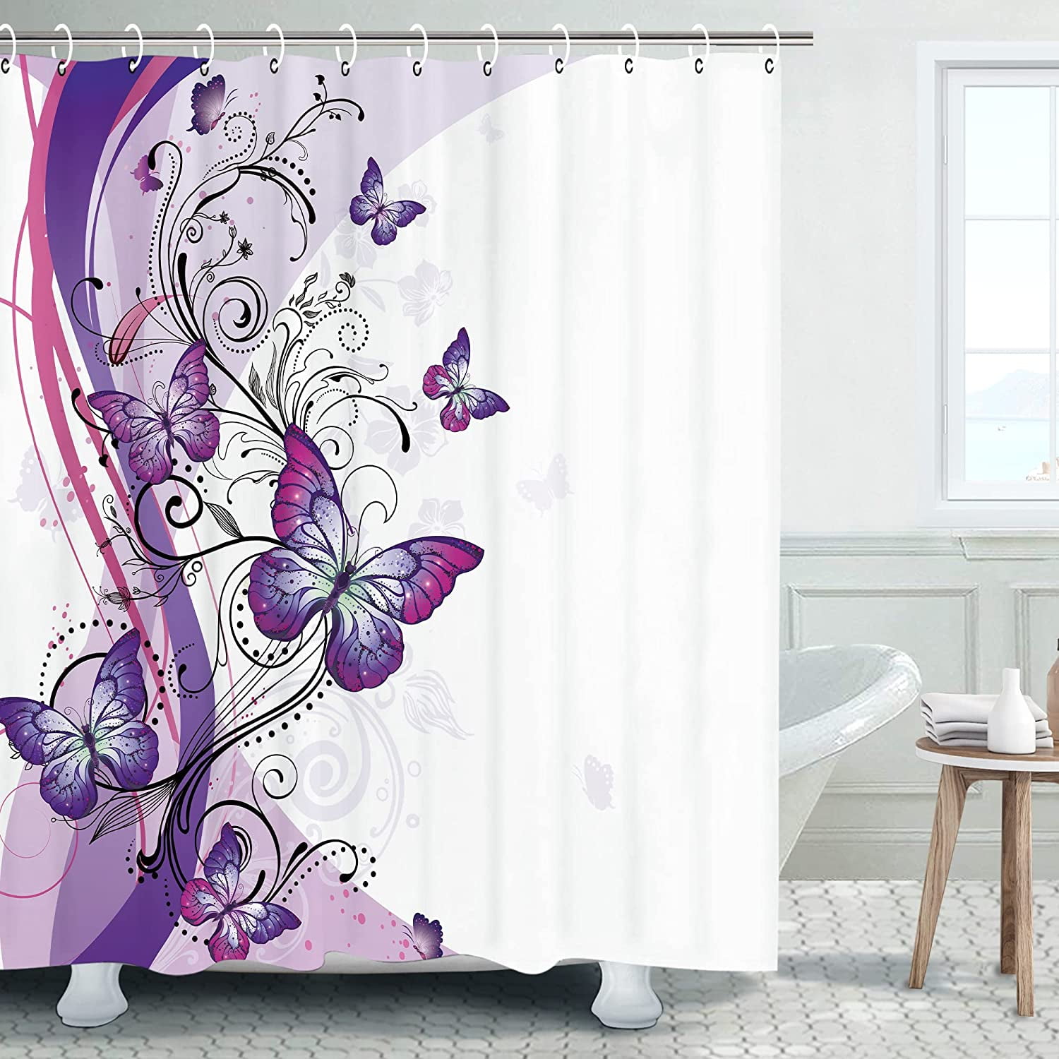 Butterfly Shower Curtains with Hooks, Floral Shower Curtain, Blue Butterfly Shower Curtain ...